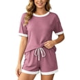 BOOMNY Womens 2 Peice Pajamas Set Patchwork Color Short Sleeve Ribbed ...