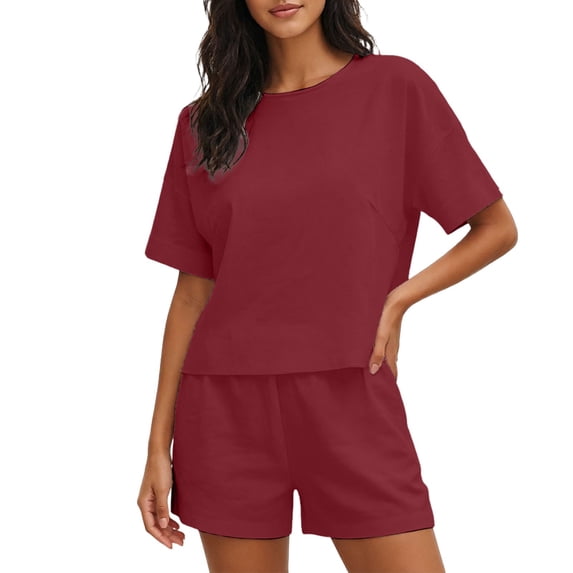 BOOMNY Womens 2 Peice Pajamas Set Solid Color Short Sleeve Pjs Tops ...