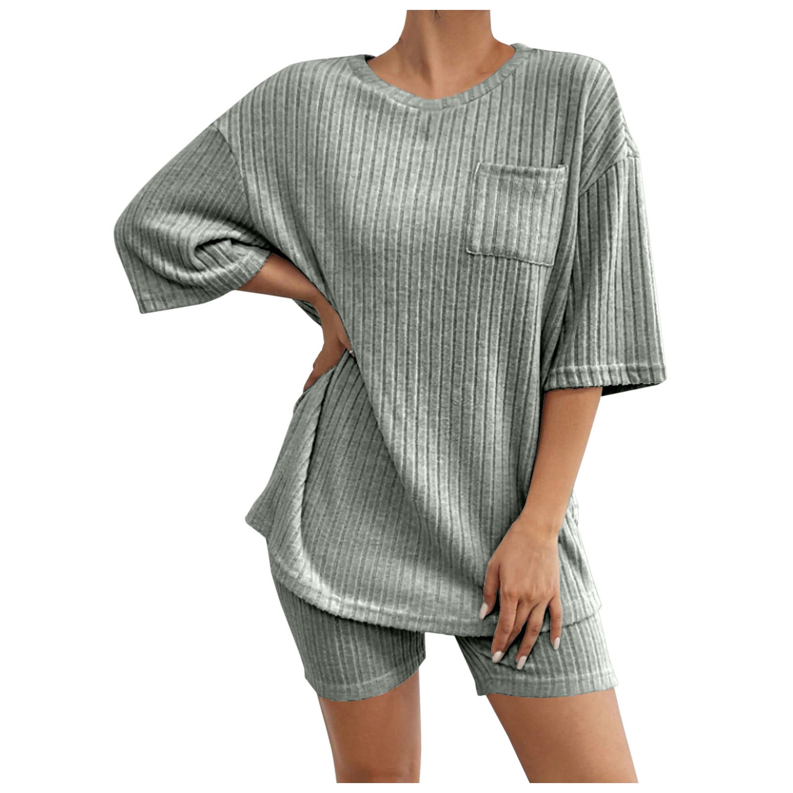 BOOMNY Womens 2 Peice Pajamas Set Solid Short Sleeve Pjs Tops Shorts ...