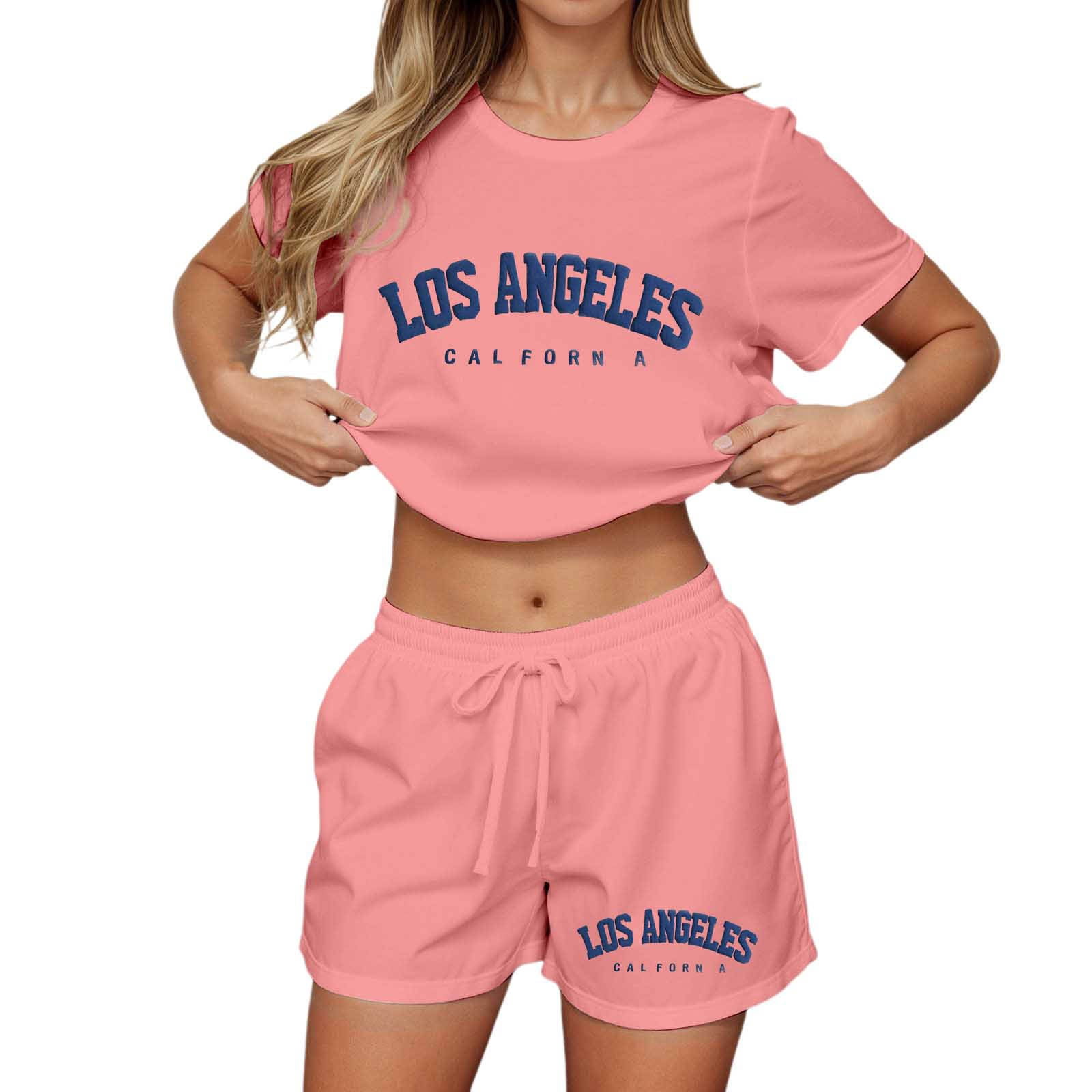 BOOMNY Womens 2 Peice Sets Letter Graphic Short Sleeve Tops Shorts ...