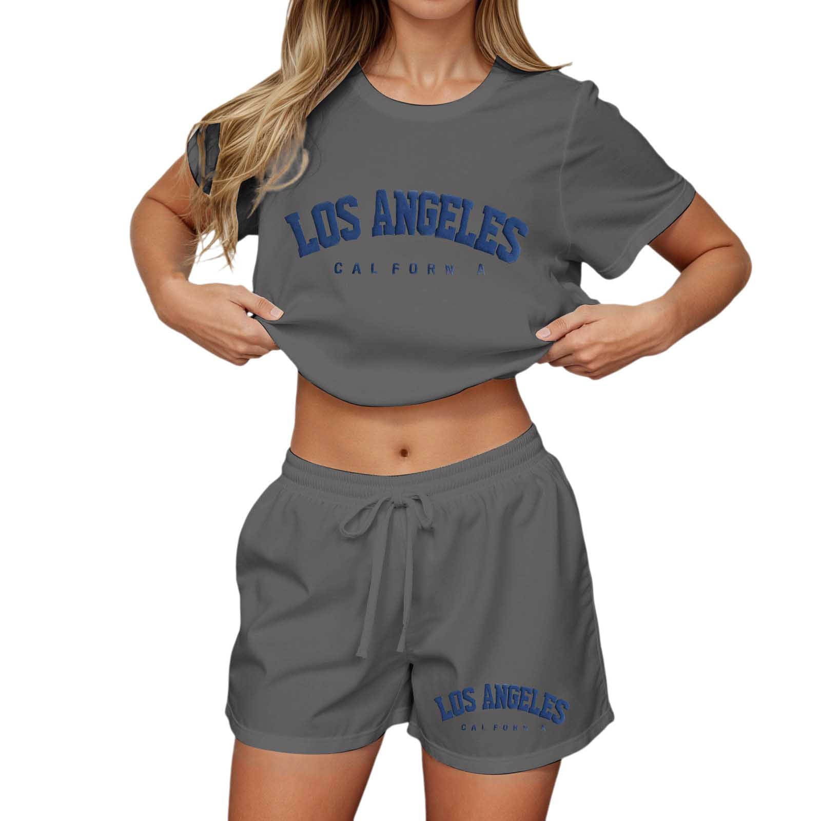 BOOMNY Womens 2 Peice Sets Letter Graphic Short Sleeve Tops Shorts ...