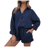 BOOMNY Womens 2 Peice Sets Solid Short Sleeve Buttons Shirts Shorts ...