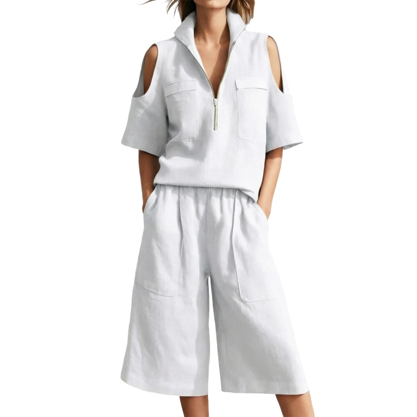 BOOMNY Womens 2 Peice Sets Solid Short Sleeve Zip Front Tops Capri ...