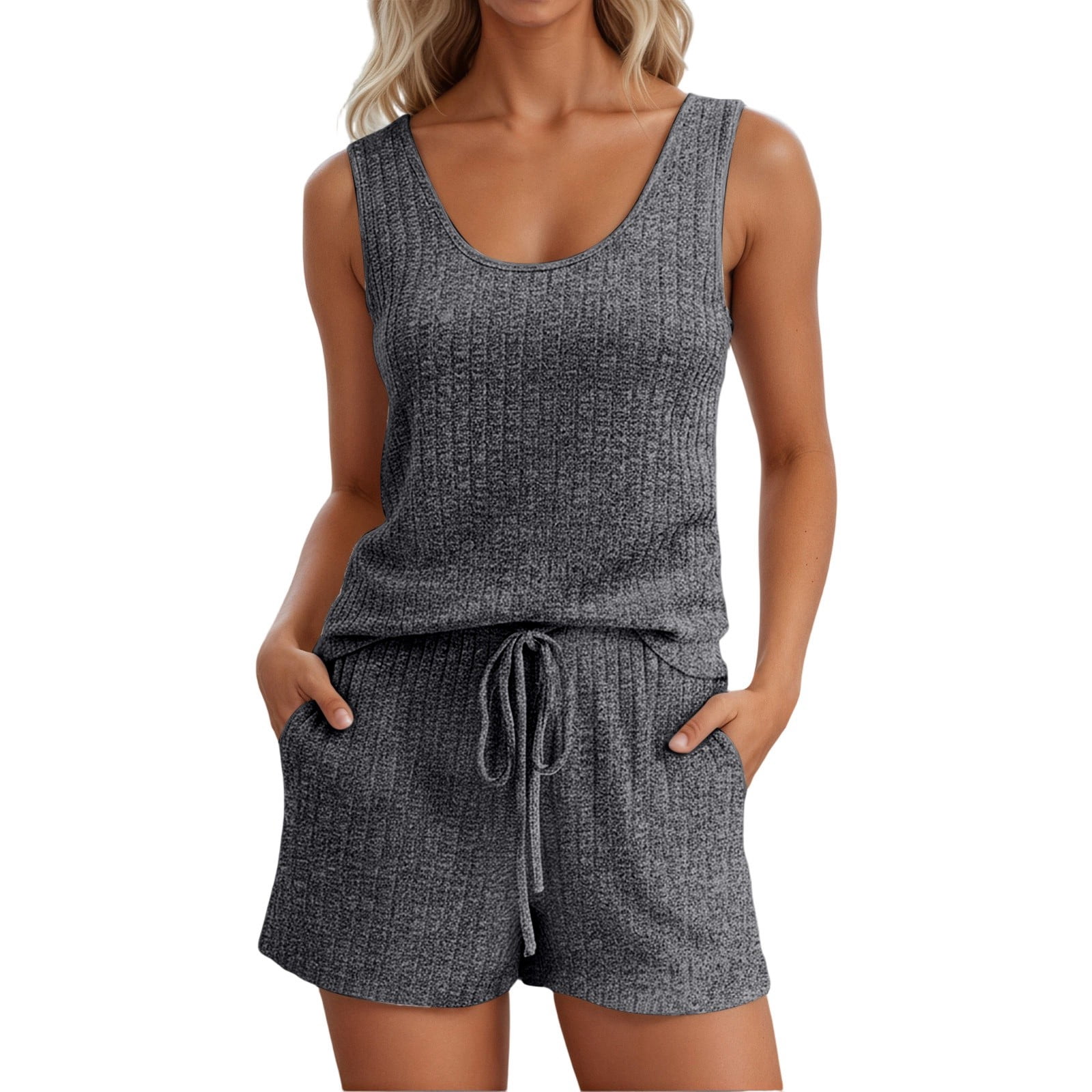 BOOMNY Womens 2 Peice Sets Solid Sleeveless Ribbed Tops Shorts Outfits ...