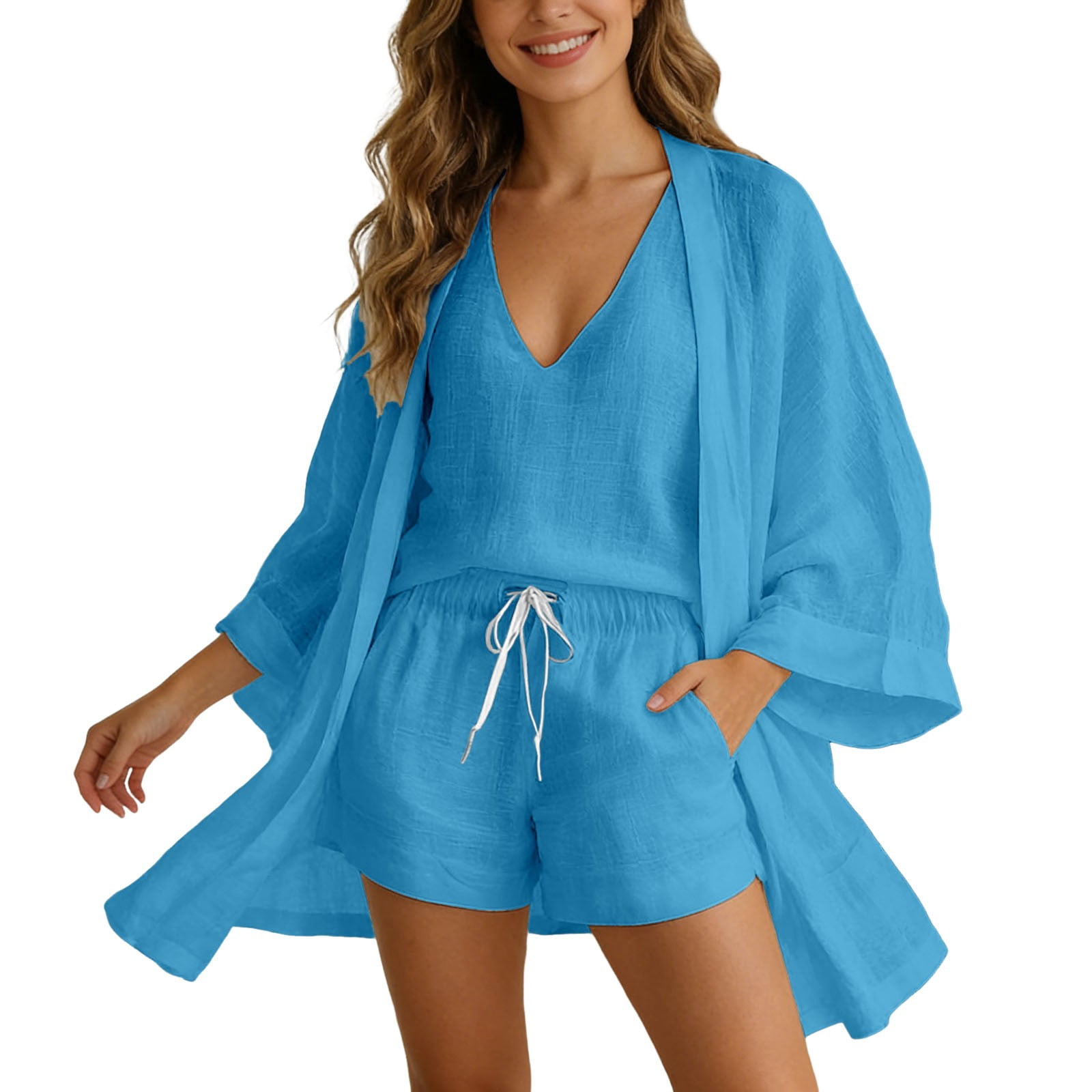 BOOMNY Womens 3 Peice Linen Shorts Sets Solid Long Sleeve Cardigan Tops ...