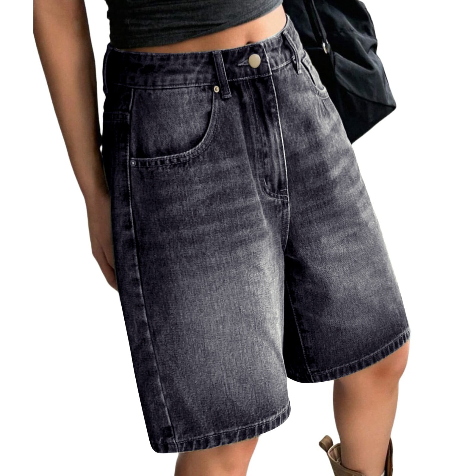 BOOMNY Womens Denim Shorts Buttons Baggy Denim Shorts For Women Striped ...