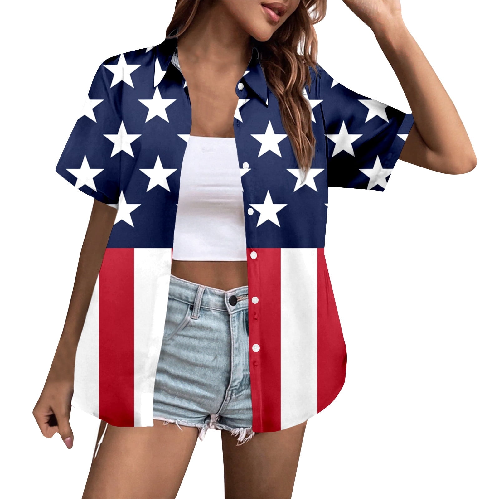 BOOMNY Womens Independence Day Shirts Short Sleeve Lapel Patriotic America Flag Star Striped ...