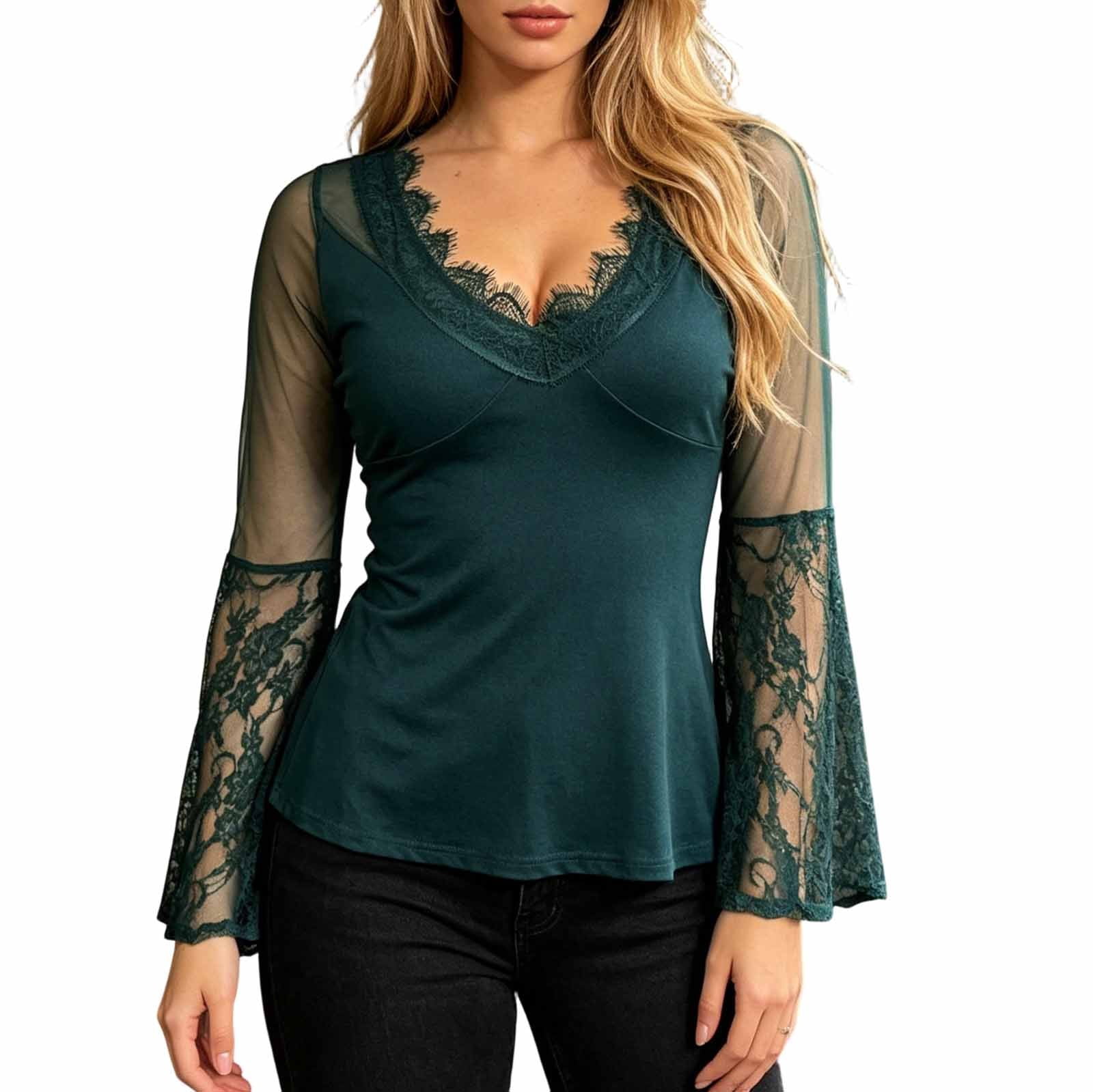 BOOMNY Womens Long Sleeve Lace Mesh Tshirts Hollow Out Floral ...