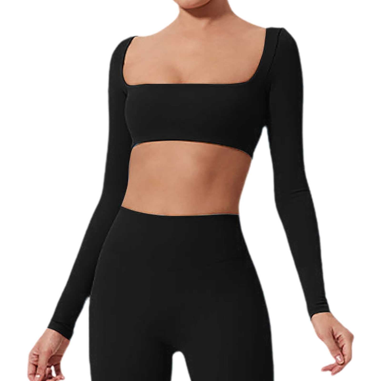 BOOMNY Womens Long Sleeve Workout Crop Tops Solid Color Slim Summer ...