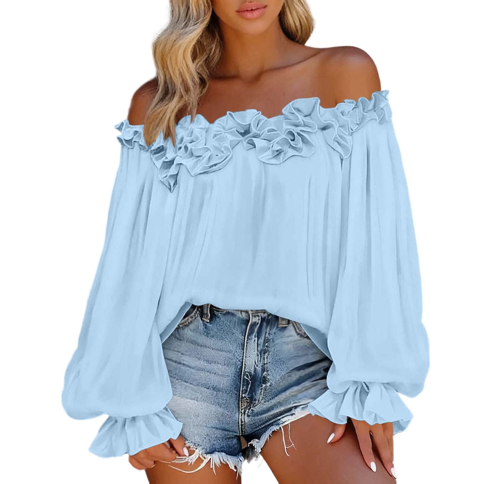 BOOMNY Womens Off Shoulder T-Shirts Ruffled Solid Color Loose Summer ...