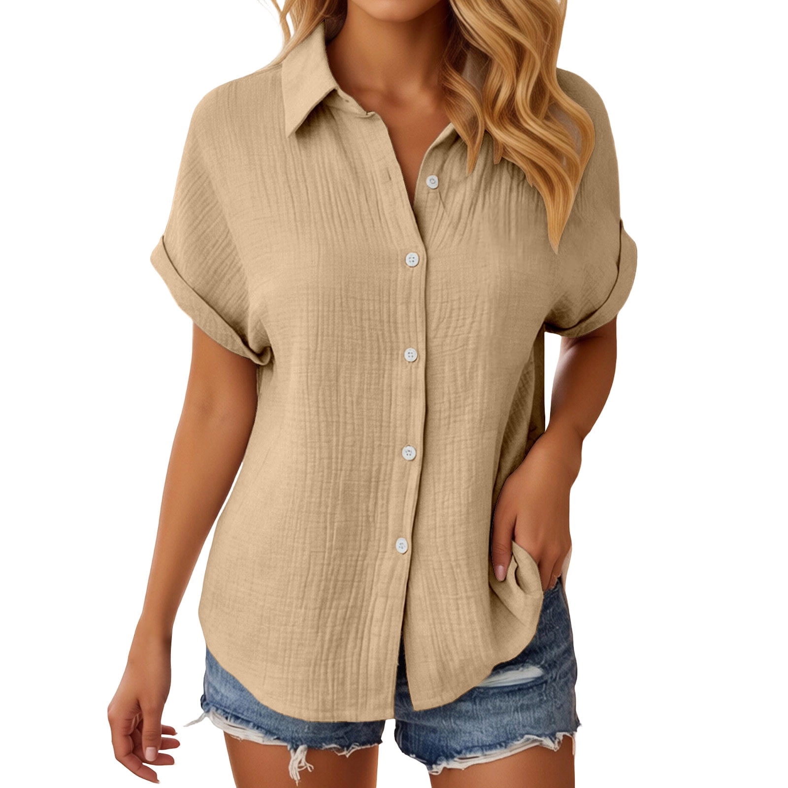 BOOMNY Womens Short Sleeve Buttons T-Shirts Solid Color Loose Lapel ...