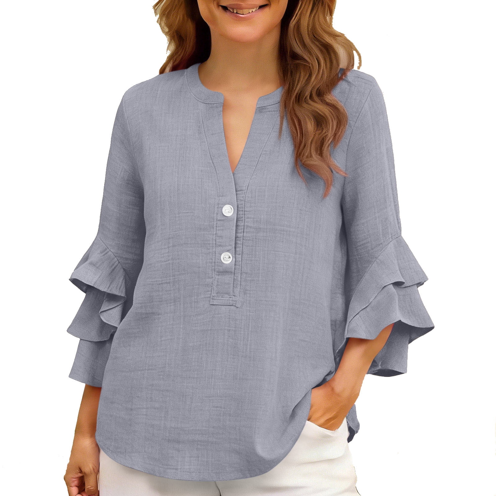 BOOMNY Womens Short Sleeve Linen Tshirts Ruffled V Neck Solid Color T ...