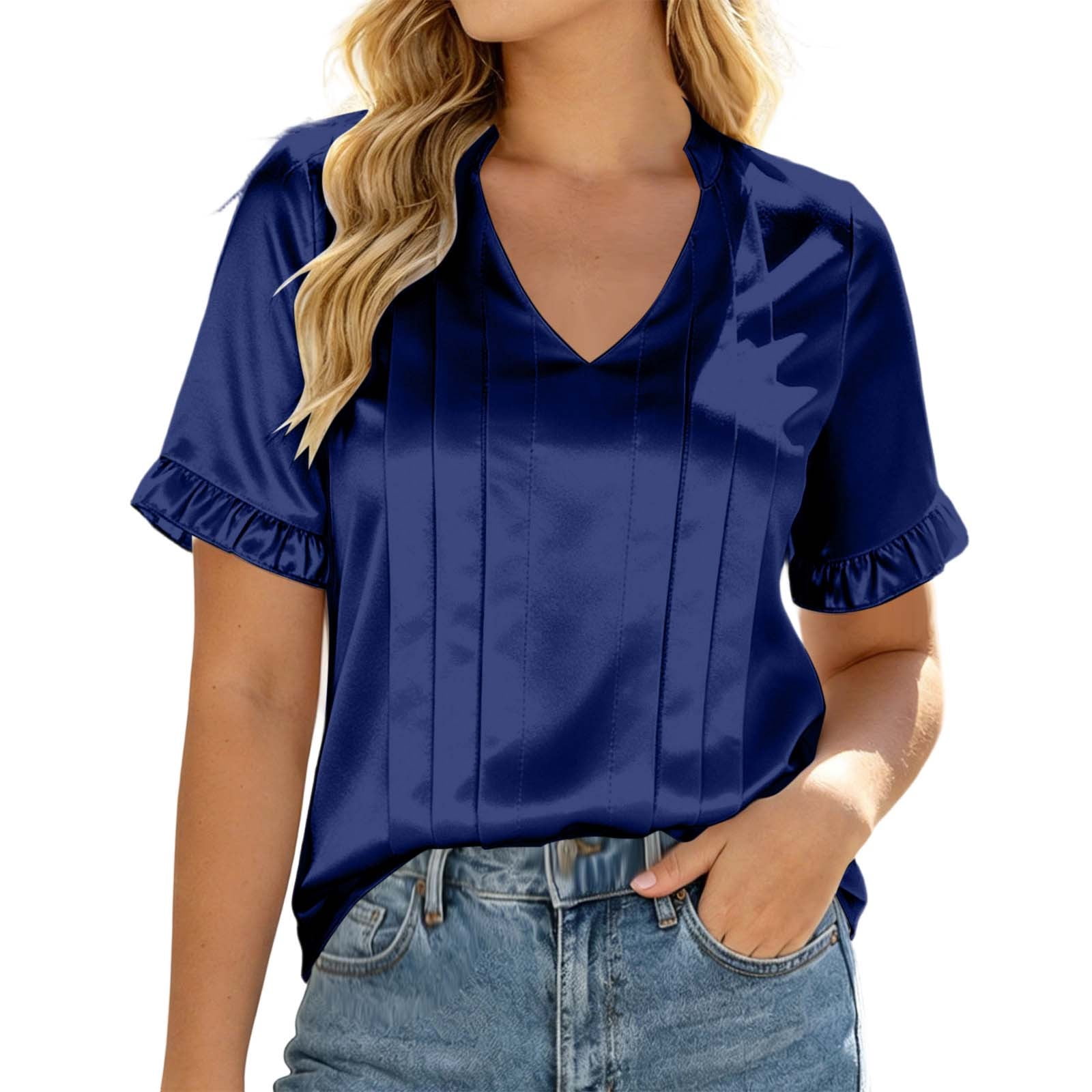 BOOMNY Womens Short Sleeve Satin T-Shirts V Neck Solid Color T-Shirts ...