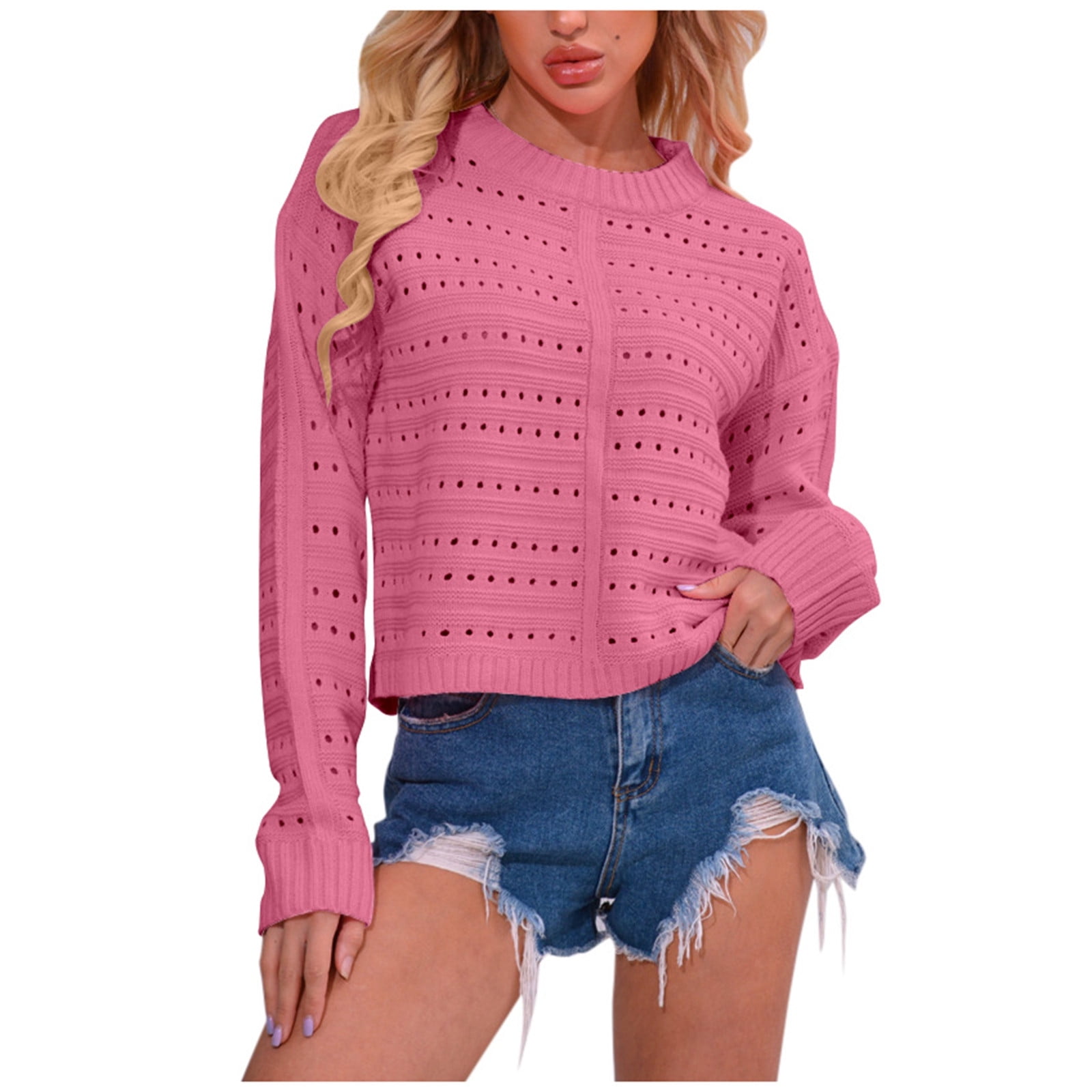 BOOMNY Womens Sweaters Long Sleeve Cropped Sweaters for Women Solid ...