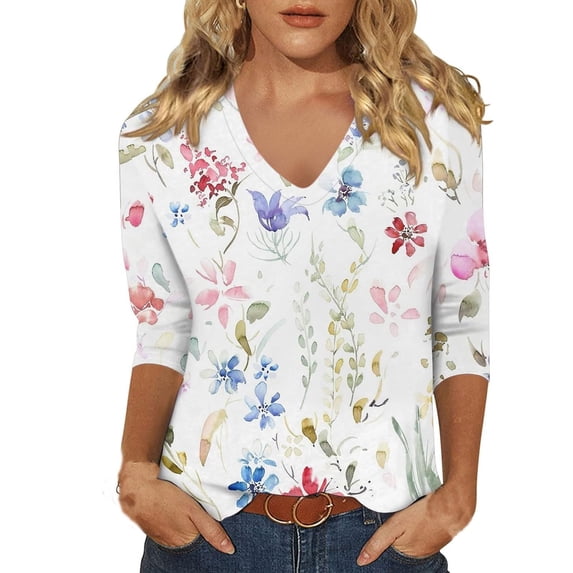 BOOMNY Womens T-Shirts 3/4 Sleeve Tshirts for Women V Neck Floral ...