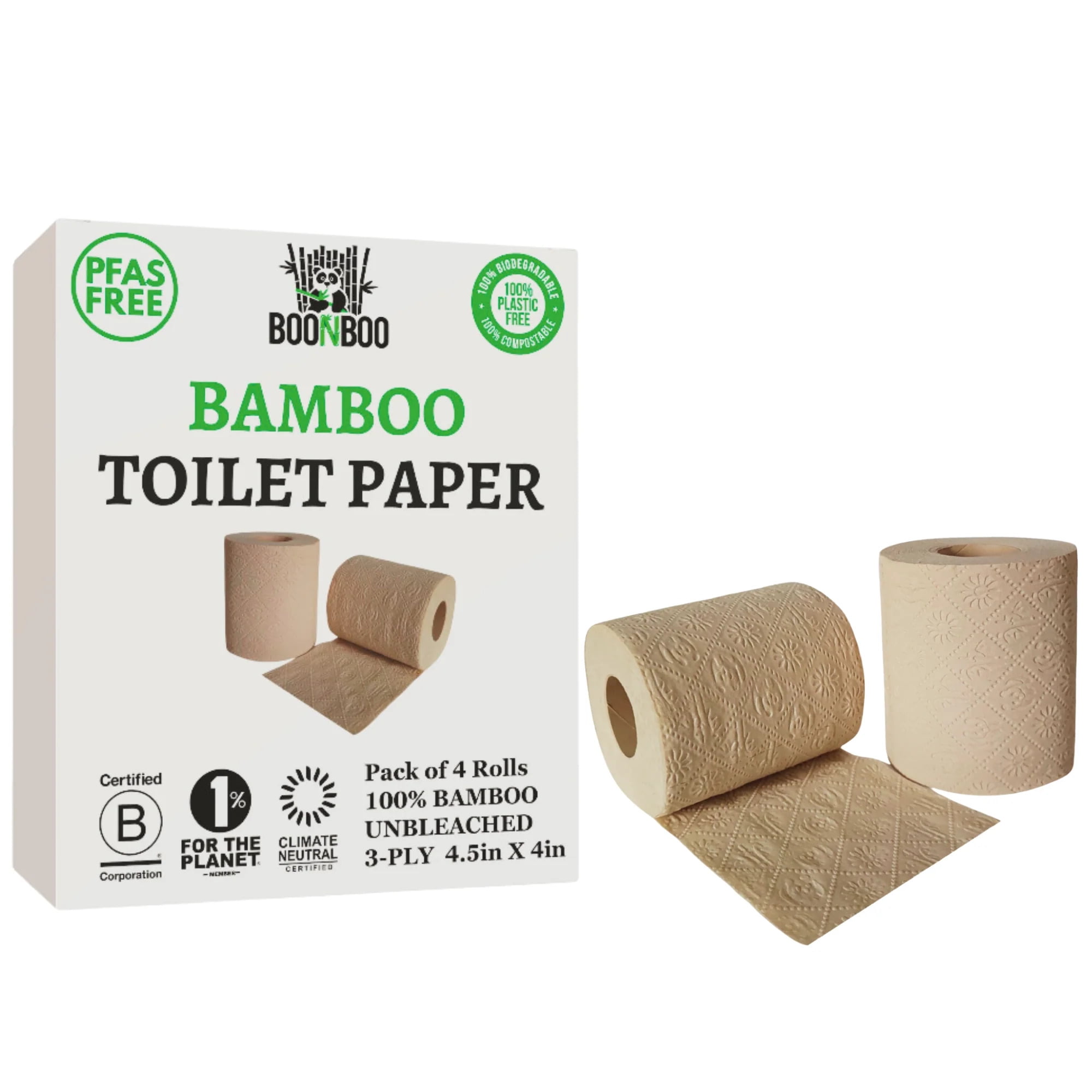 BOONBOO Toilet Paper | 100% Bamboo | Unbleached 4 Rolls | 3-Ply 180 ...