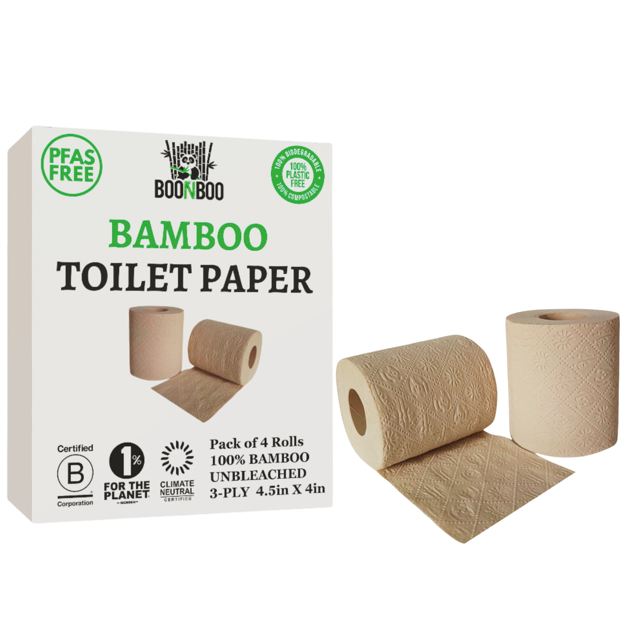 BOONBOO Bamboo Toilet Paper, 100% Unbleached, 3-Ply, 4 Rolls, 180 ...