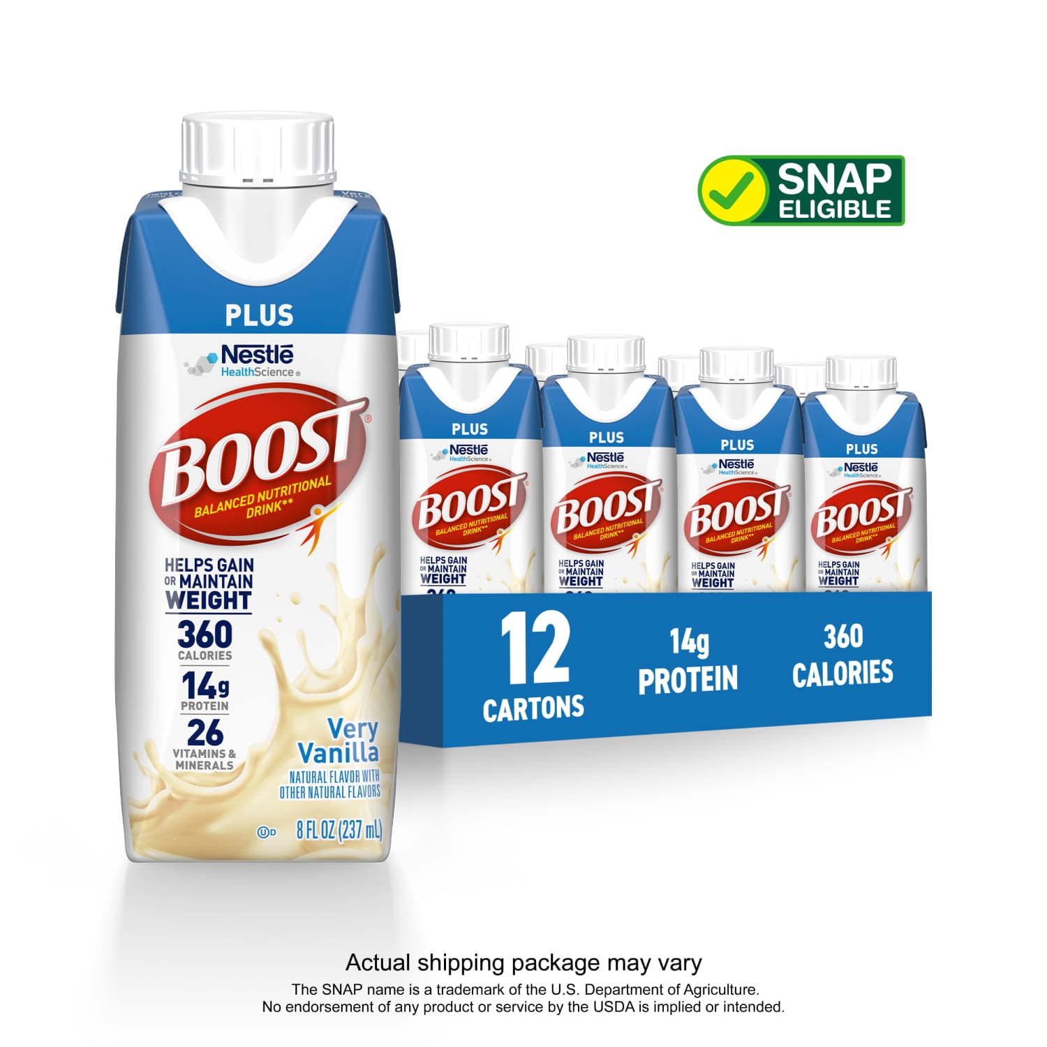 BOOST Plus High Calorie Weight Gain Shake, 14g Protein, Very Vanilla ...