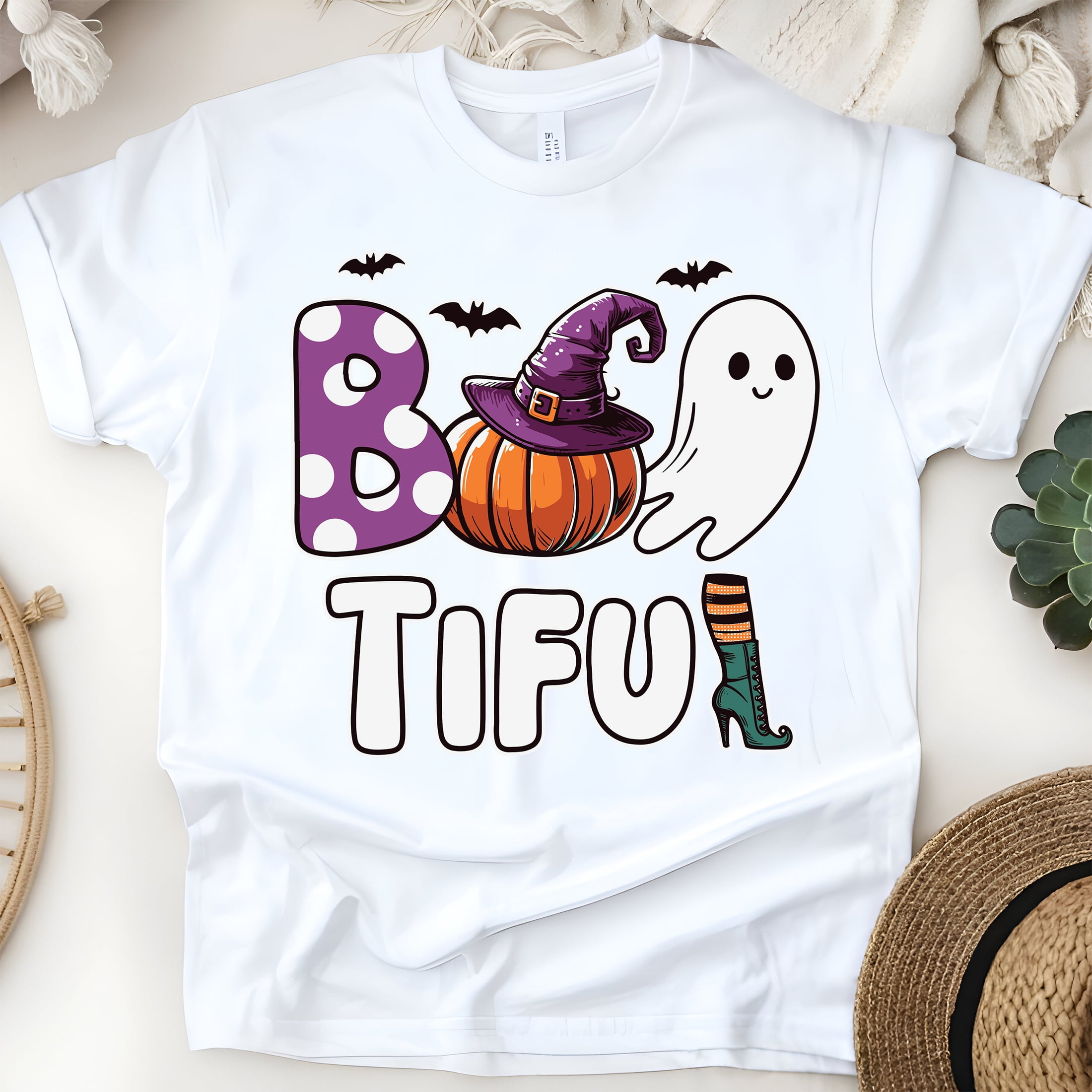 "BOOtiful" Cute Halloween Shirt for Women, Ghost, Pumpkin & Witch Boot ...