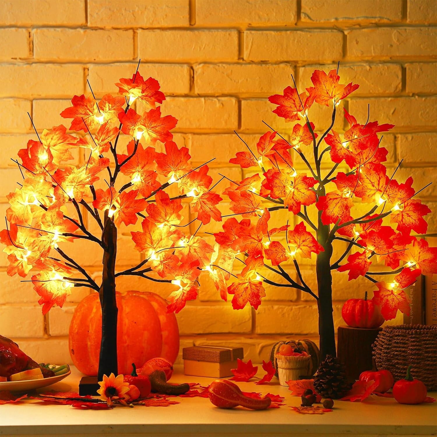 BOPORO 2 Pcs 24 Inch Halloween Lighted Tree Orange and Purple Birches ...