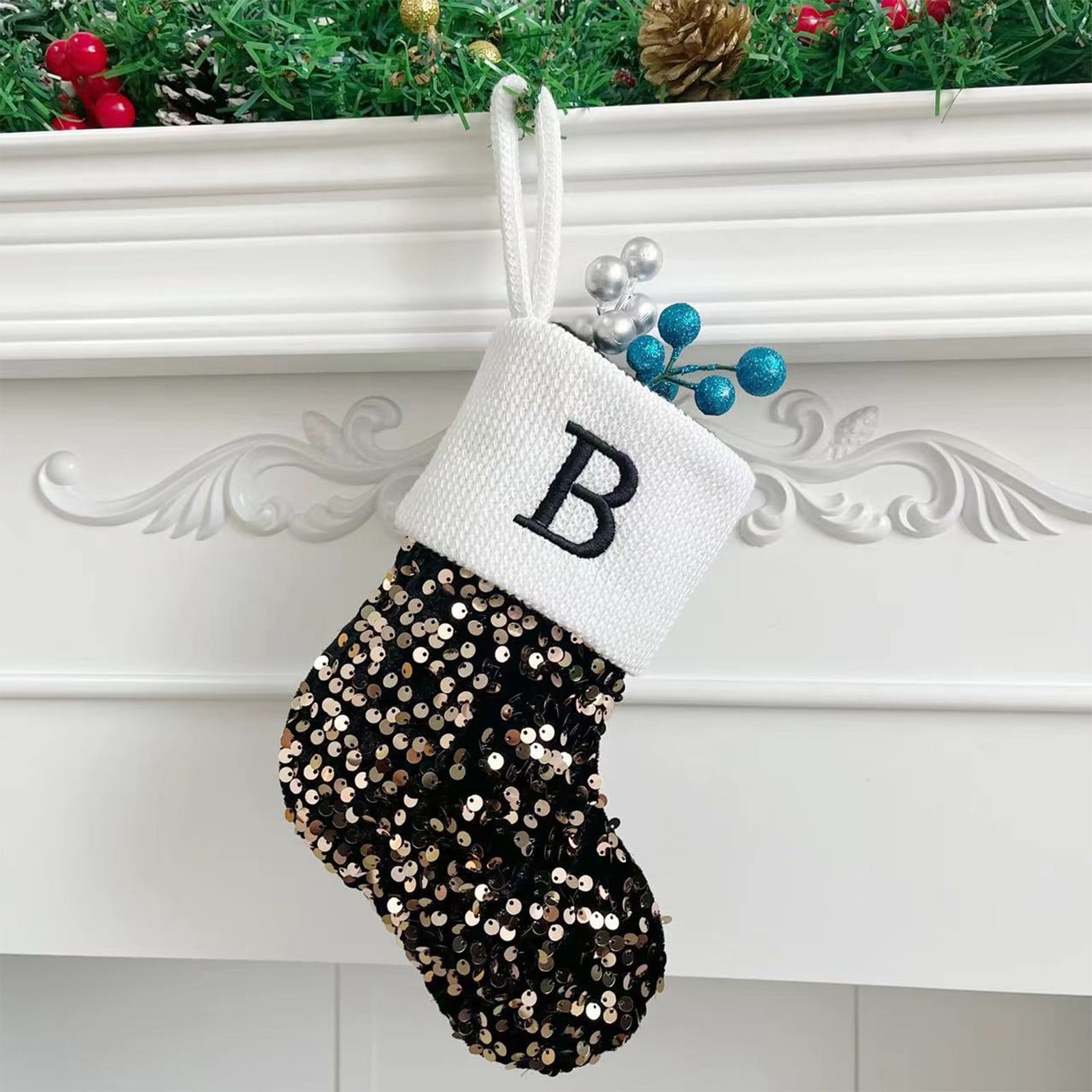 BOPORO Sequin Christmas Stocking with Knitted Cuff, Monogram Xmas ...