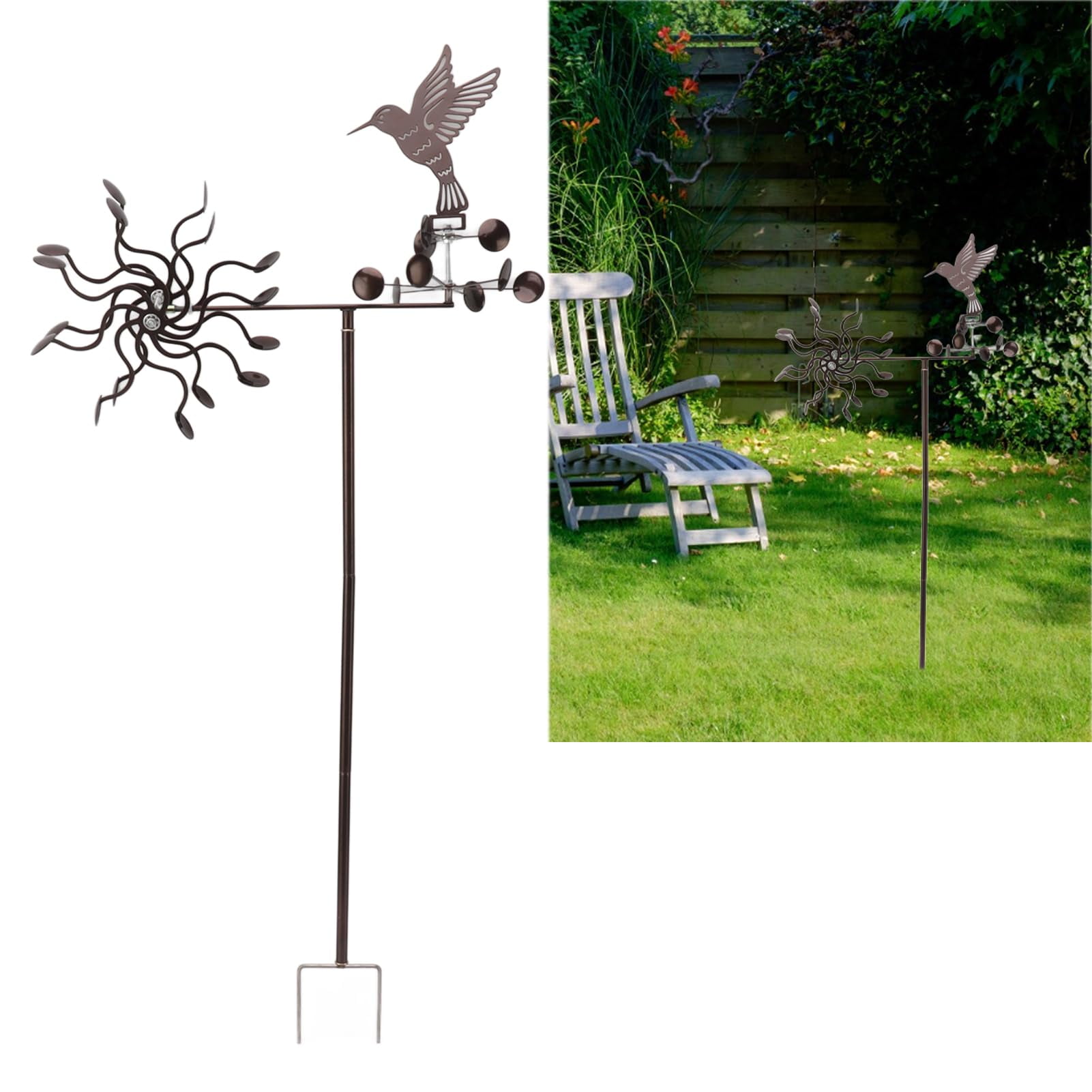 BORDSTRACT Hummingbird Windmill, Metal Solar Wind Spinner, Garden Stake ...