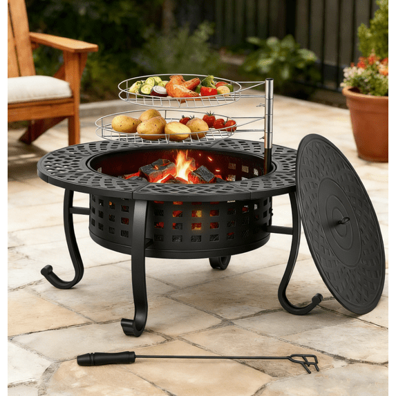 BORGEBY 36 Inch Fire Pit Table, Wood Burning with Lid & Adjustable ...