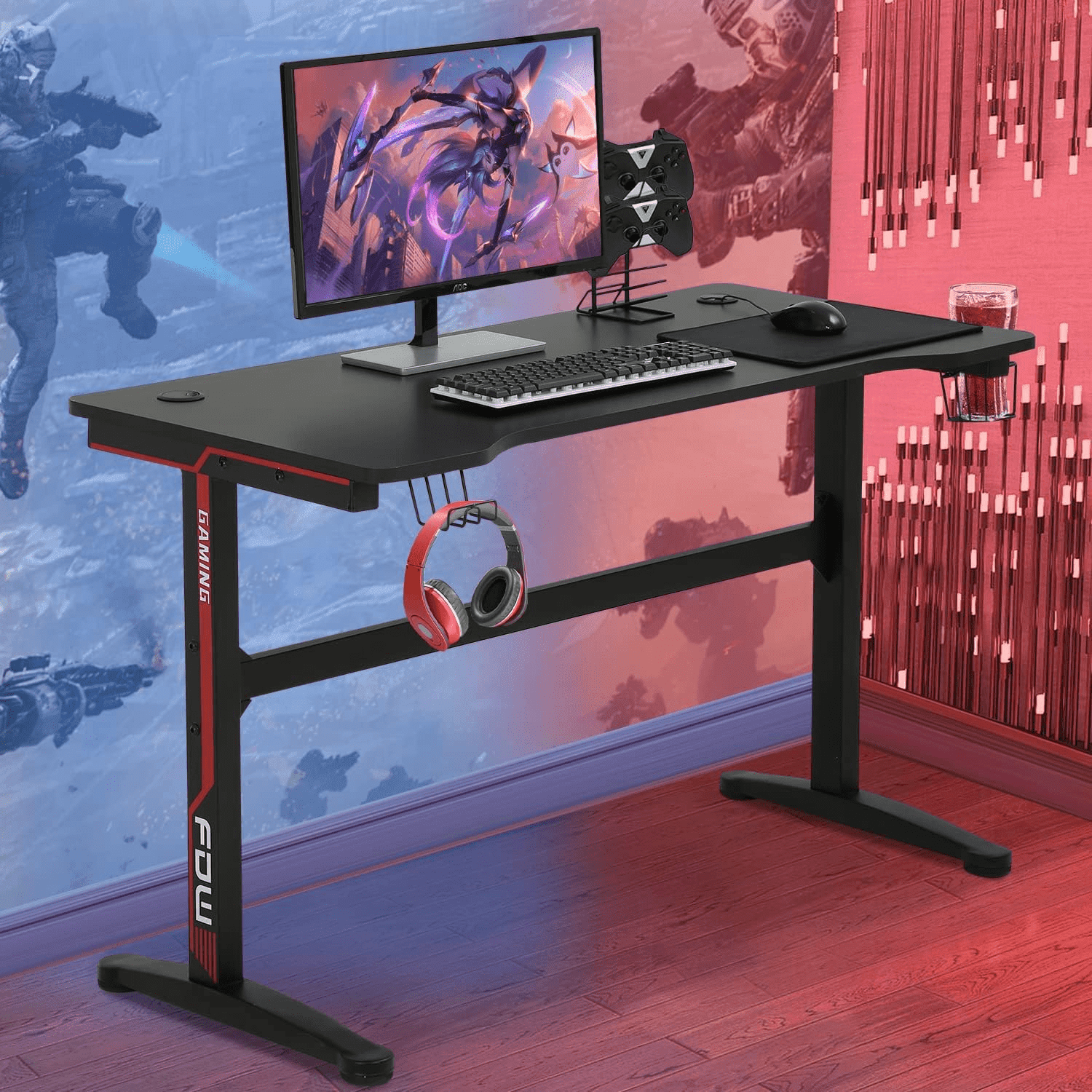 BORGEBY 47 inch Gaming Desk with Cup Holder & Headphone Hook, Ergonomic ...