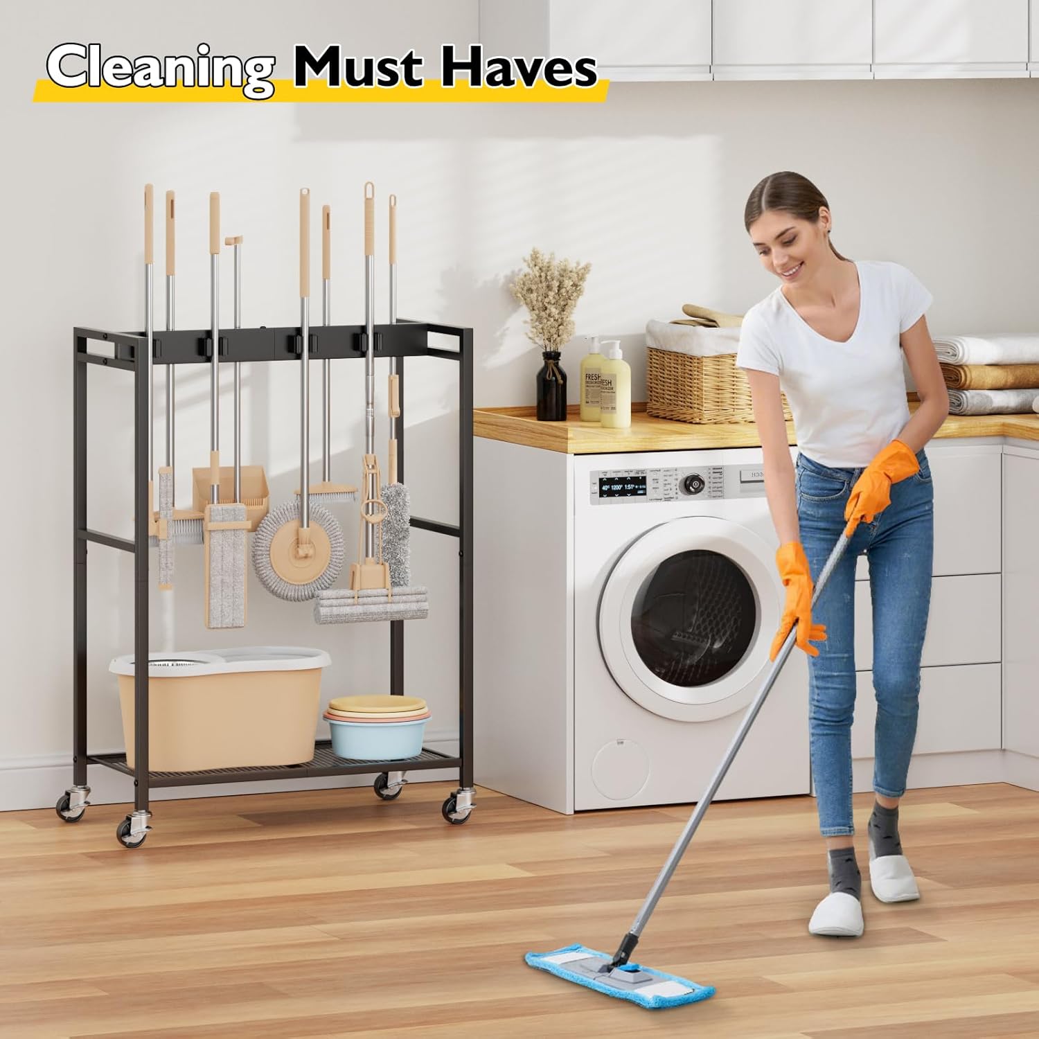 BORISI Broom And Mop Holder, Movable Broom Closet Storage Cabinet ...