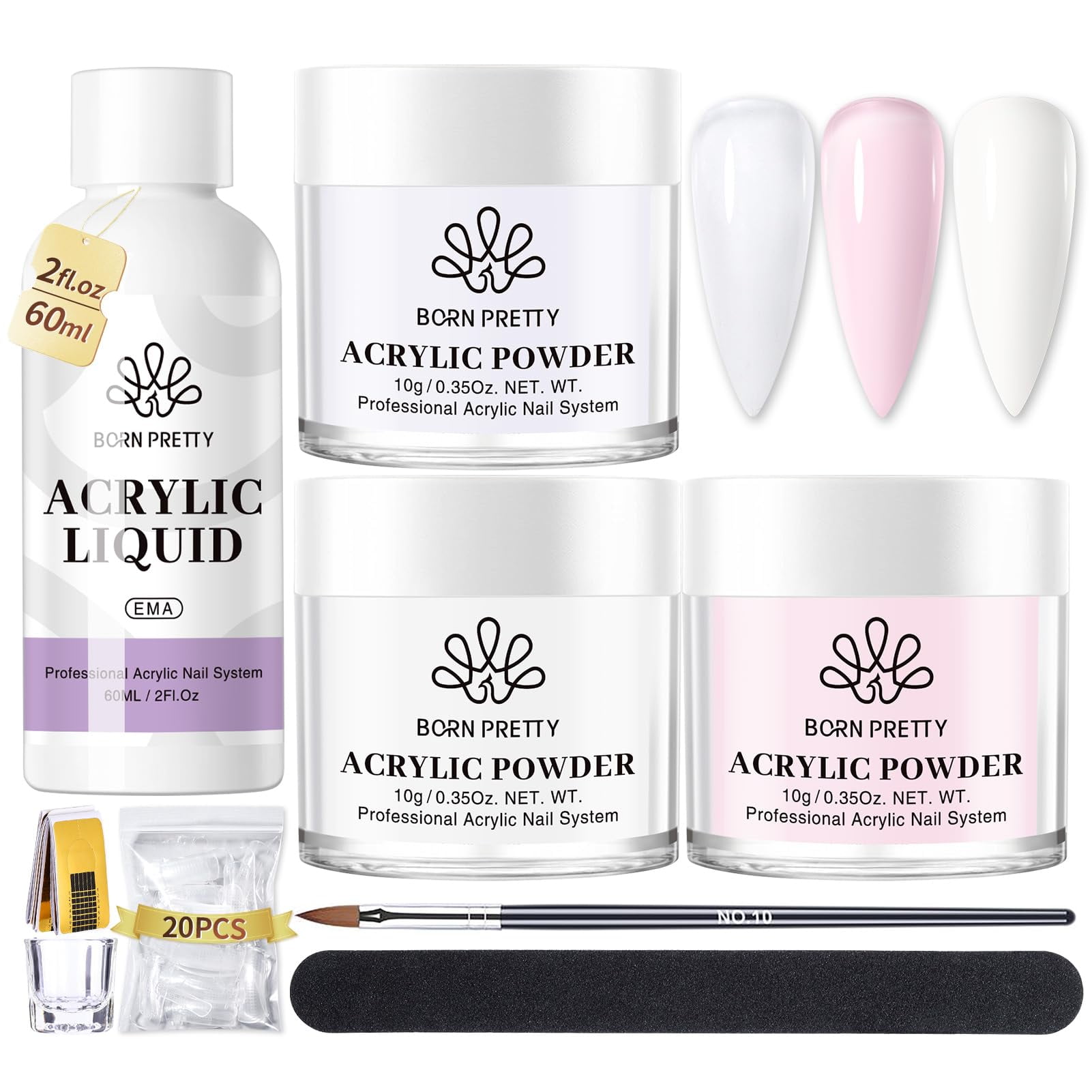 BORN PRETTY Acrylic Nail HMF23 Kit - Acrylic Powder (Clear, White, Pink ...