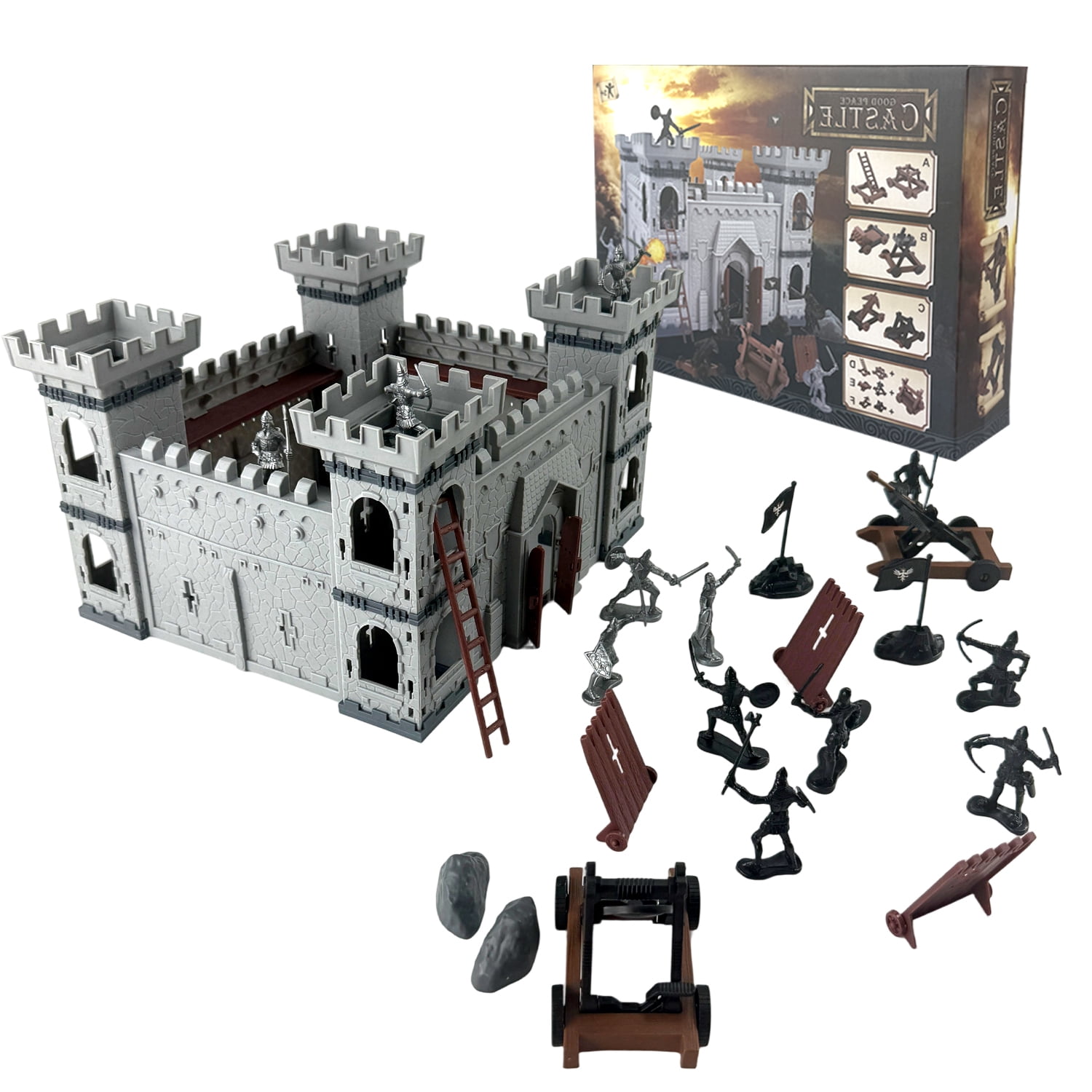 BOROLA DIY Assembled Castle Model Kit with Catapult Crossbow Knight Soldiers Siege Battle ...