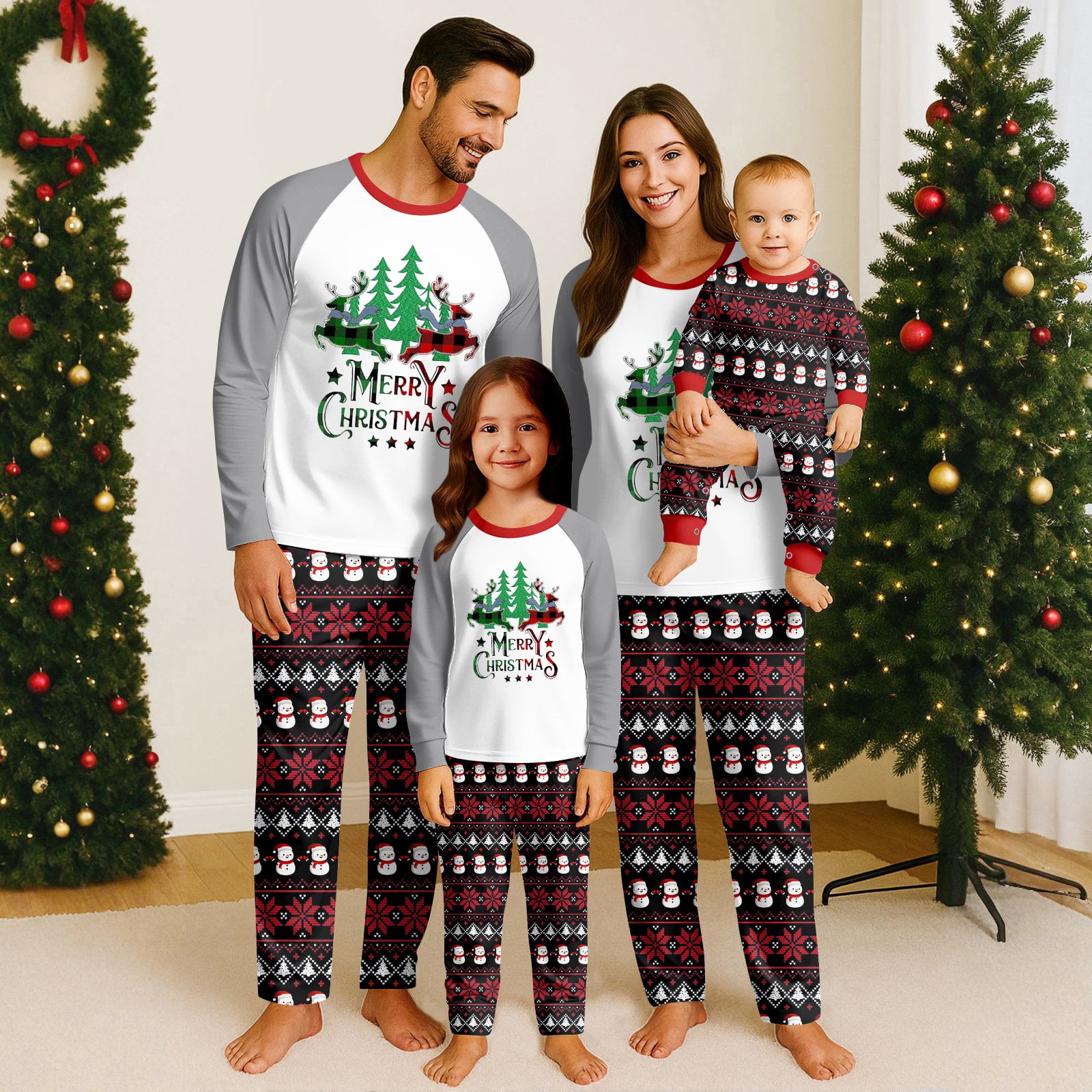 BOSALY Cartoon Print Matching Christmas Pajamas for Family, Holidays ...