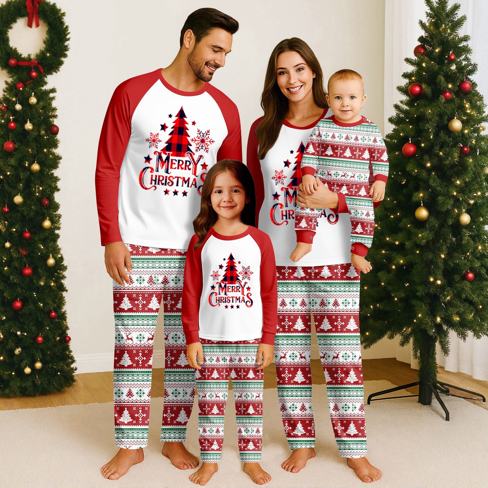 BOSALY Cartoon Print Matching Christmas Pajamas for Family, Holidays ...