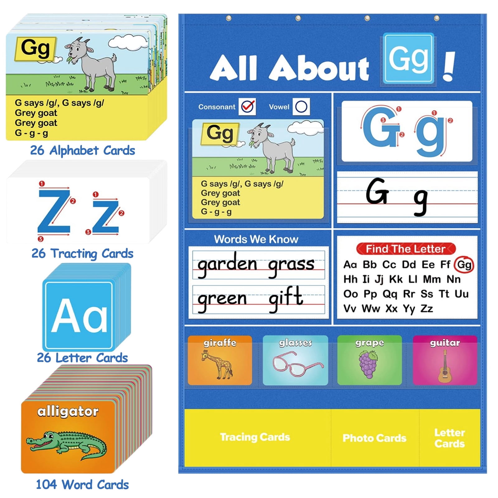BOSCEAE ABC Learning Pocket Chart - Alphabet Wall Chart with Flash ...