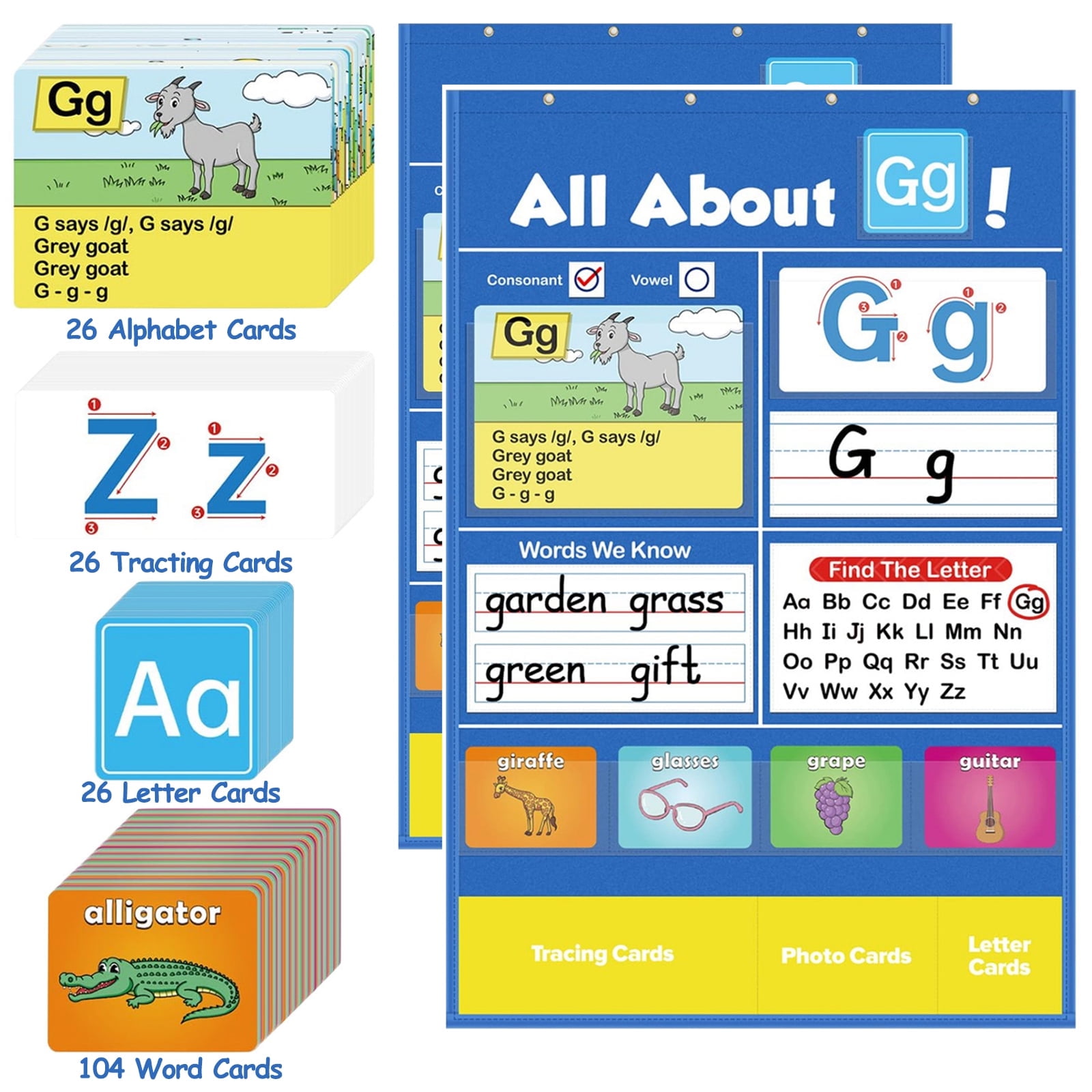 BOSCEAE ABC Learning Pocket Chart - Alphabet Wall Chart with Flash ...