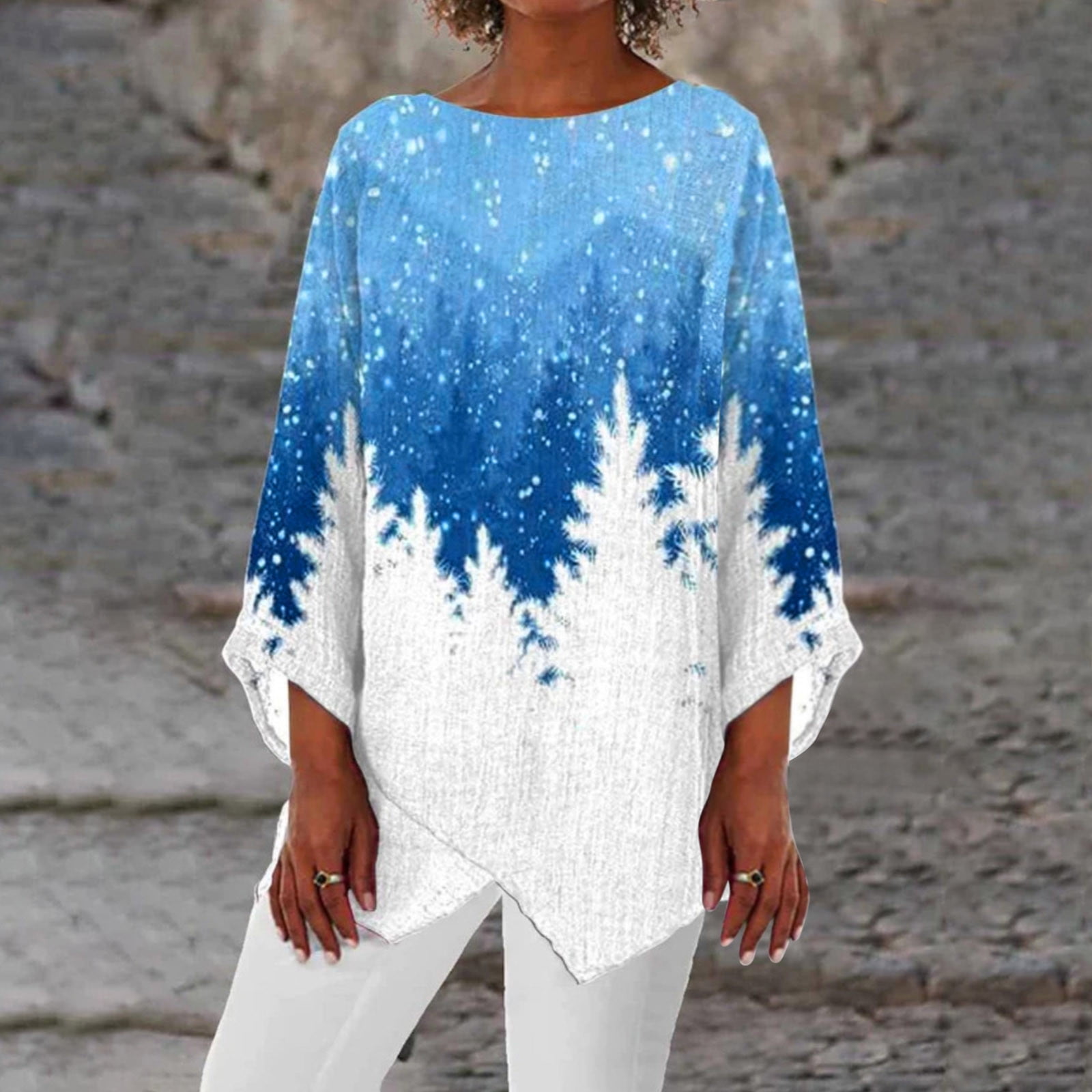 Bosceae Christmas Blouses For Women Plus Size Casual Loose O Neck Irregular Hem Long Sleeve Top