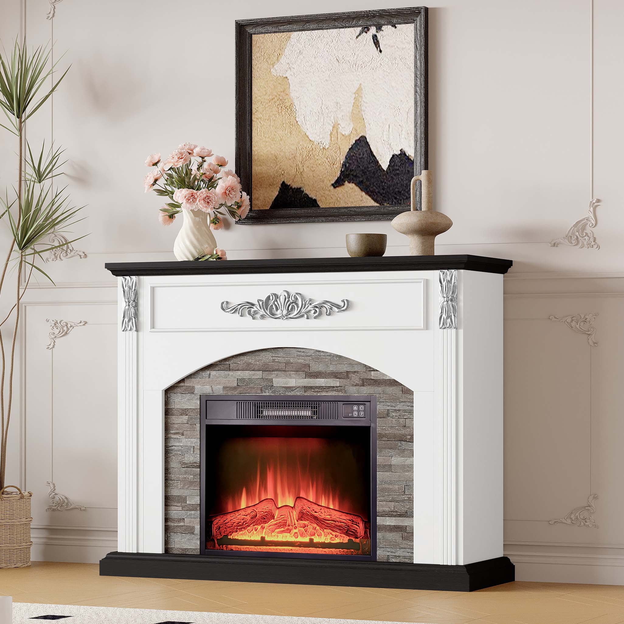 BOSHIRO 44 Inch Electric Fireplace with Mantel, White Body with Silver ...