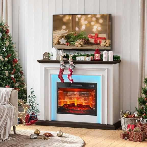 32" Electric Fireplace with Mantel, Freestanding Heater with LED Log ...