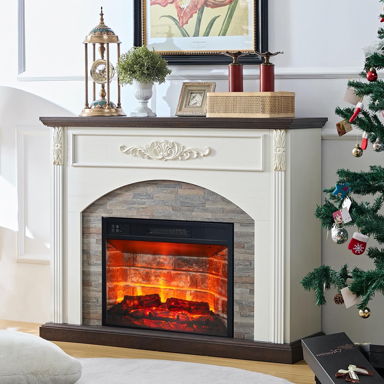 BOSHIRO 44" White Electric Fireplace Mantel with 23" Brick Insert, LED ...