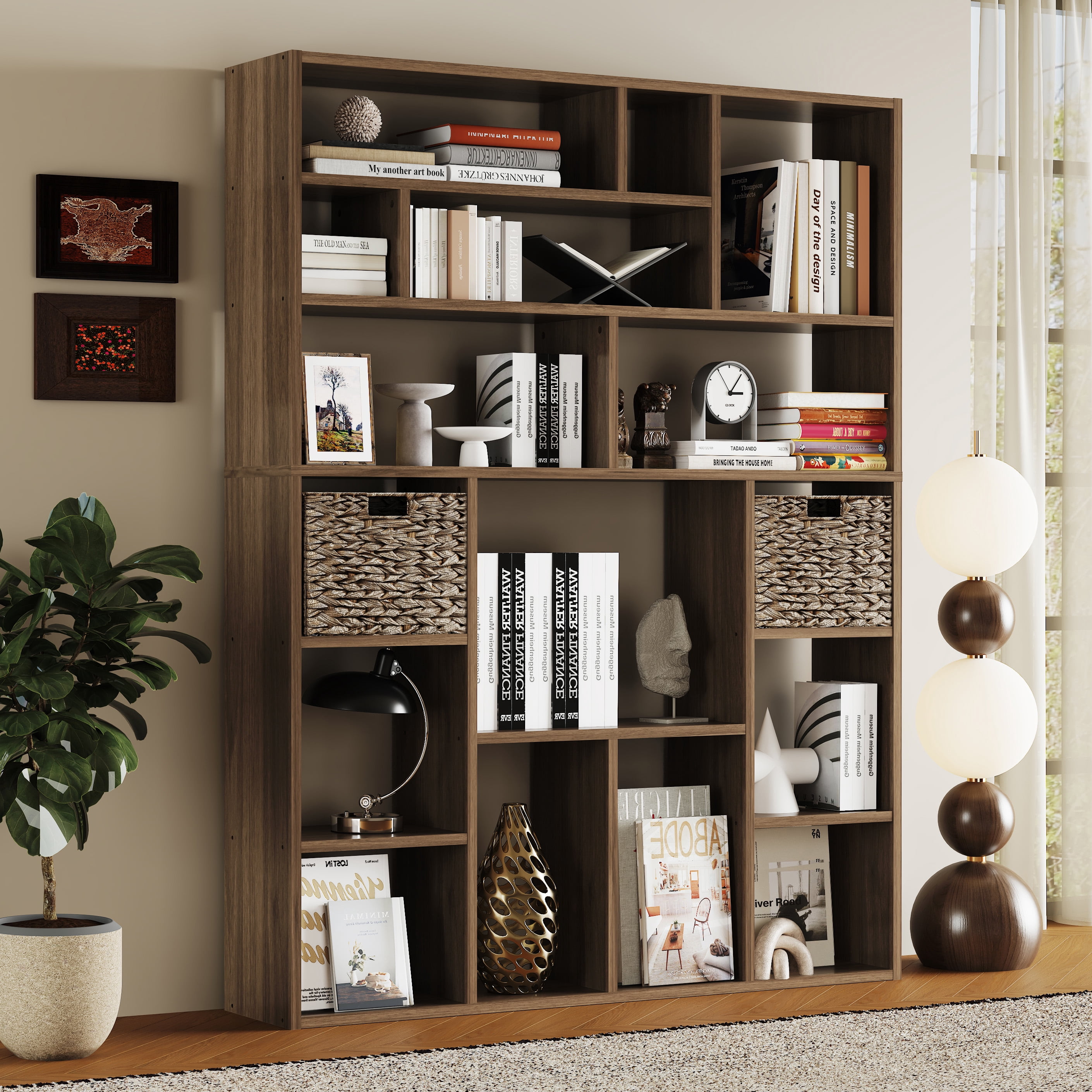 BOSHIRO 6-Tier Tall Bookshelf with Baskets, 71” Wooden Bookcase with 16 ...