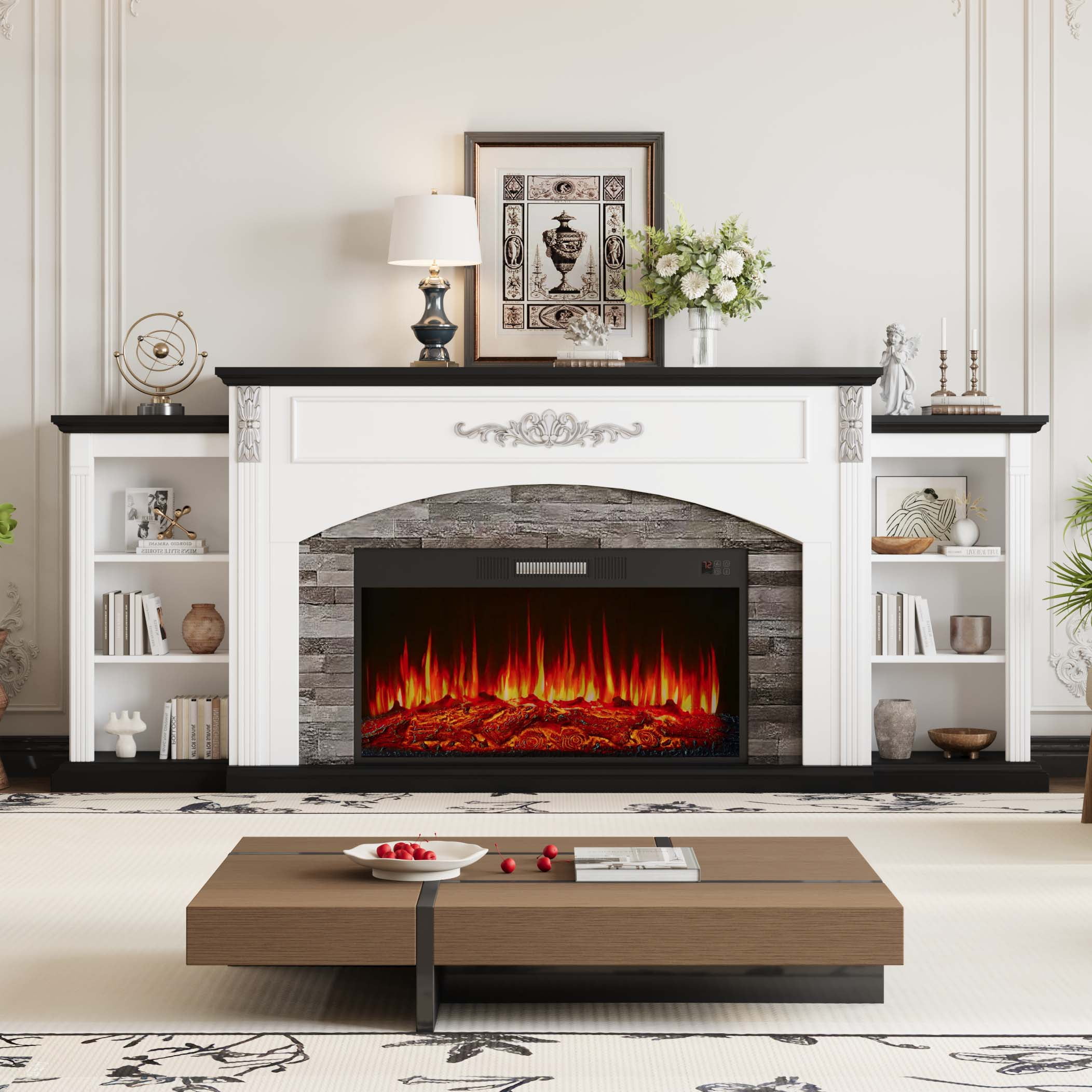 BOSHIRO 80" Electric Fireplace with Mantel, White TV Stand for TVs Up ...