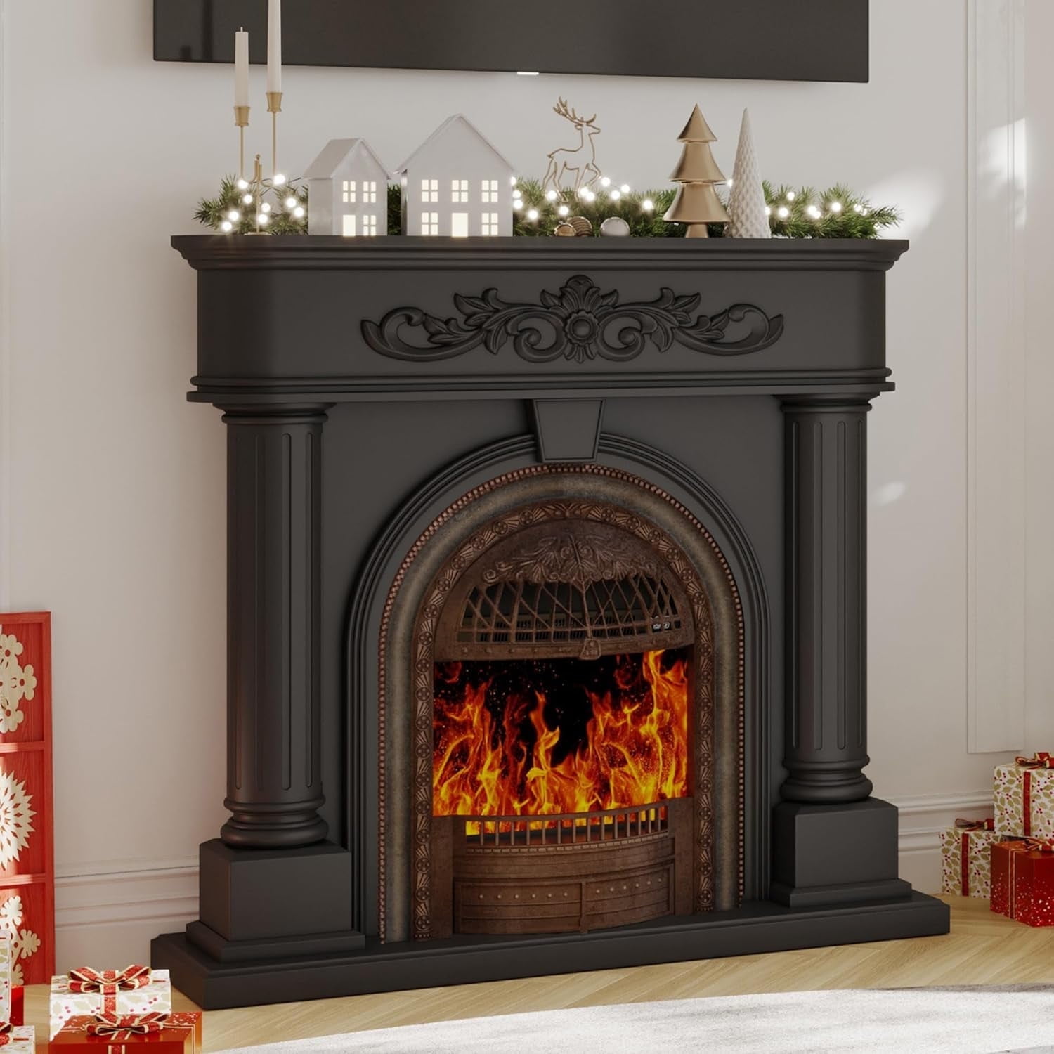 BOSHIRO 51 Inch Electric Fireplace Mantel with Birdcage Heater ...