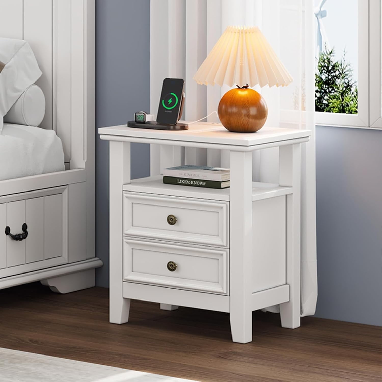 BOSHIRO White Nightstand with Charging Station, 2-Drawer Modern Bedside ...
