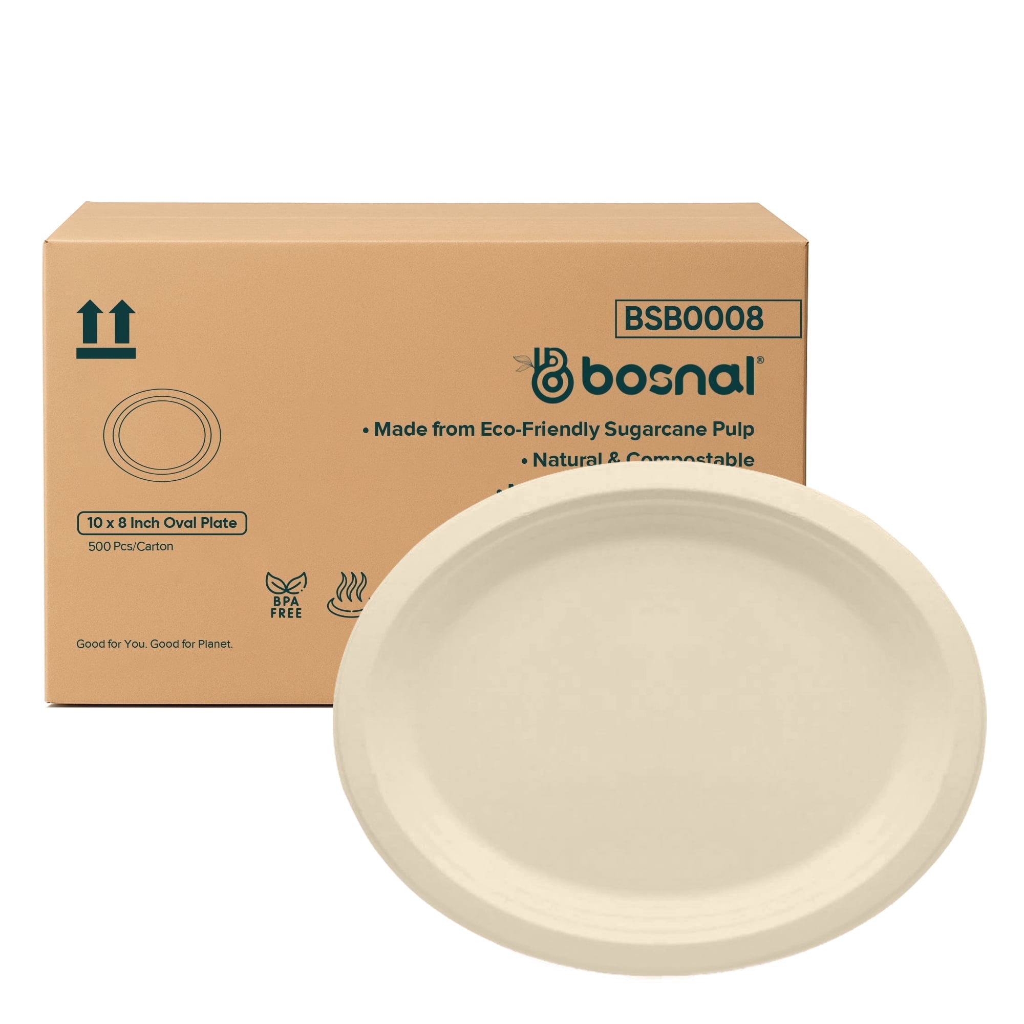 BOSNAL 10 inch Oval Compostable Dinner Plates, Bulk Box of 500 Pcs (20 ...