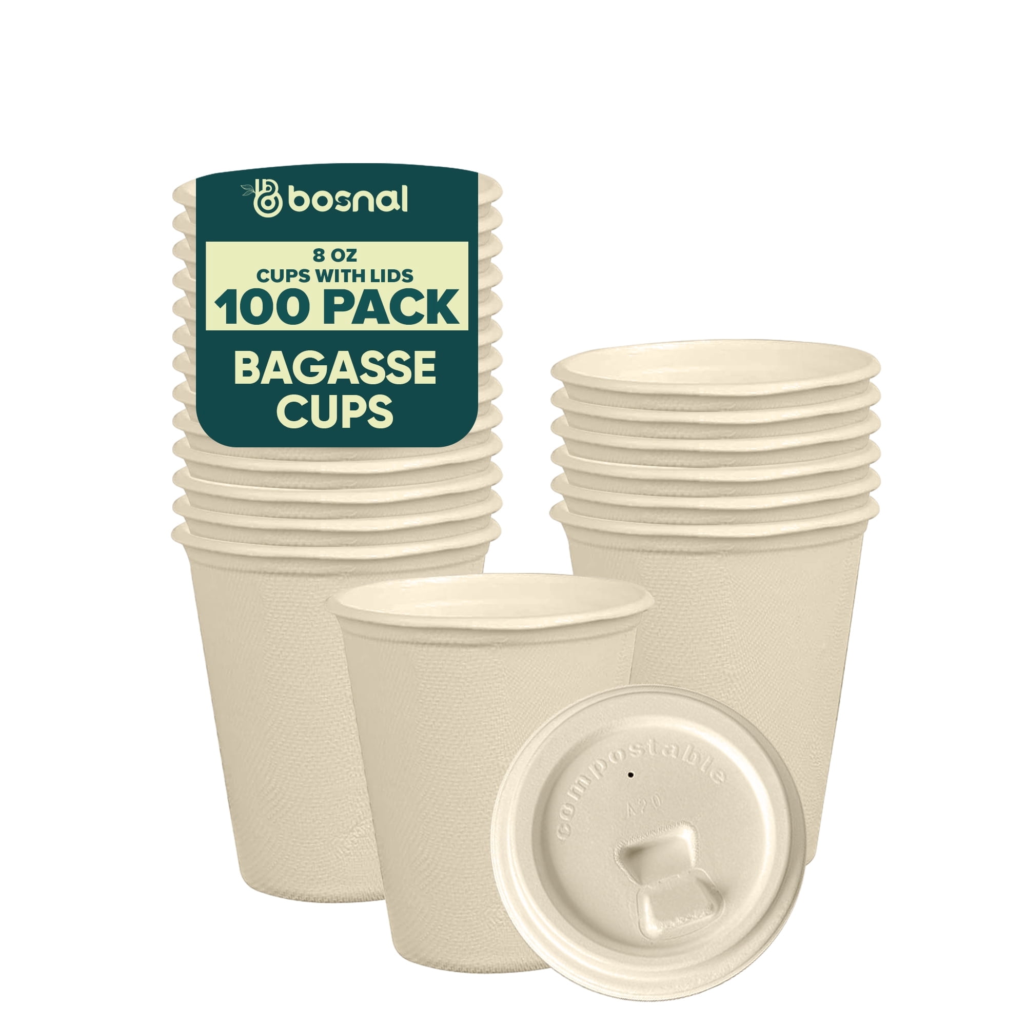 BOSNAL 8 oz Bagasse Cups with Lids (100 Pack) – Compostable ...