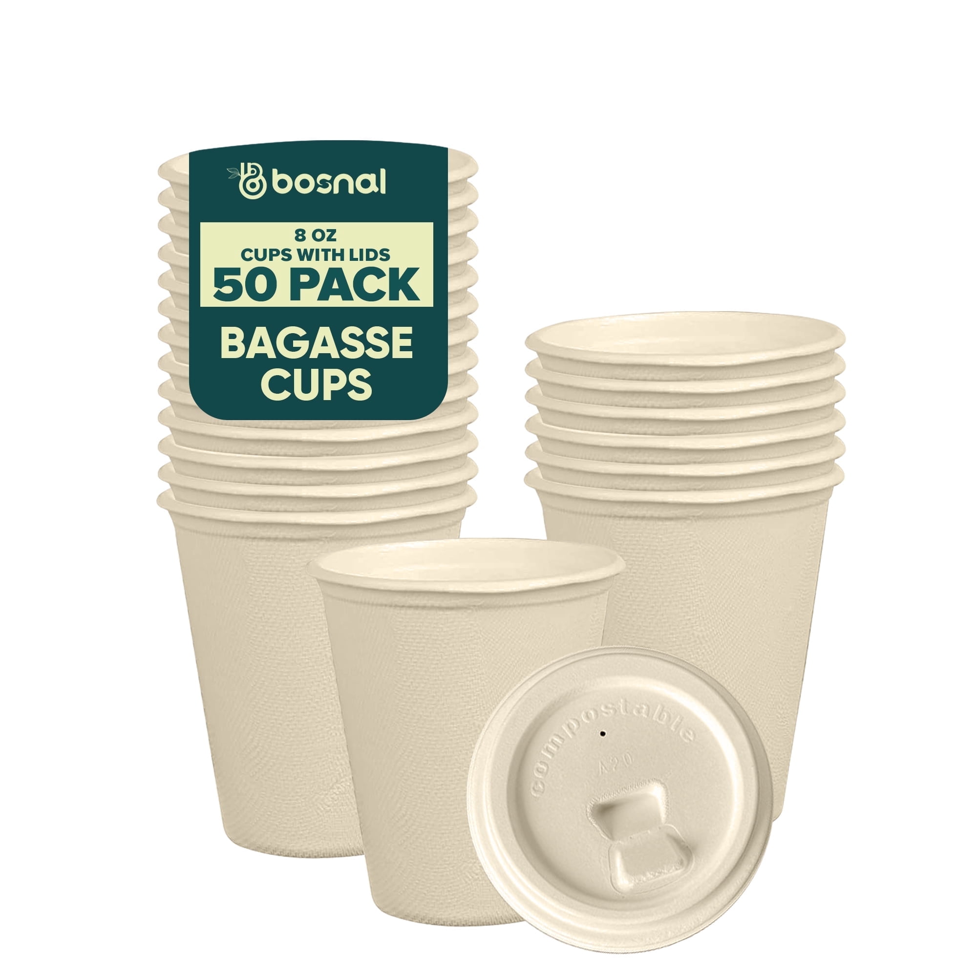 BOSNAL 8 oz Bagasse Cups with Lids (50 Pack) – Compostable ...