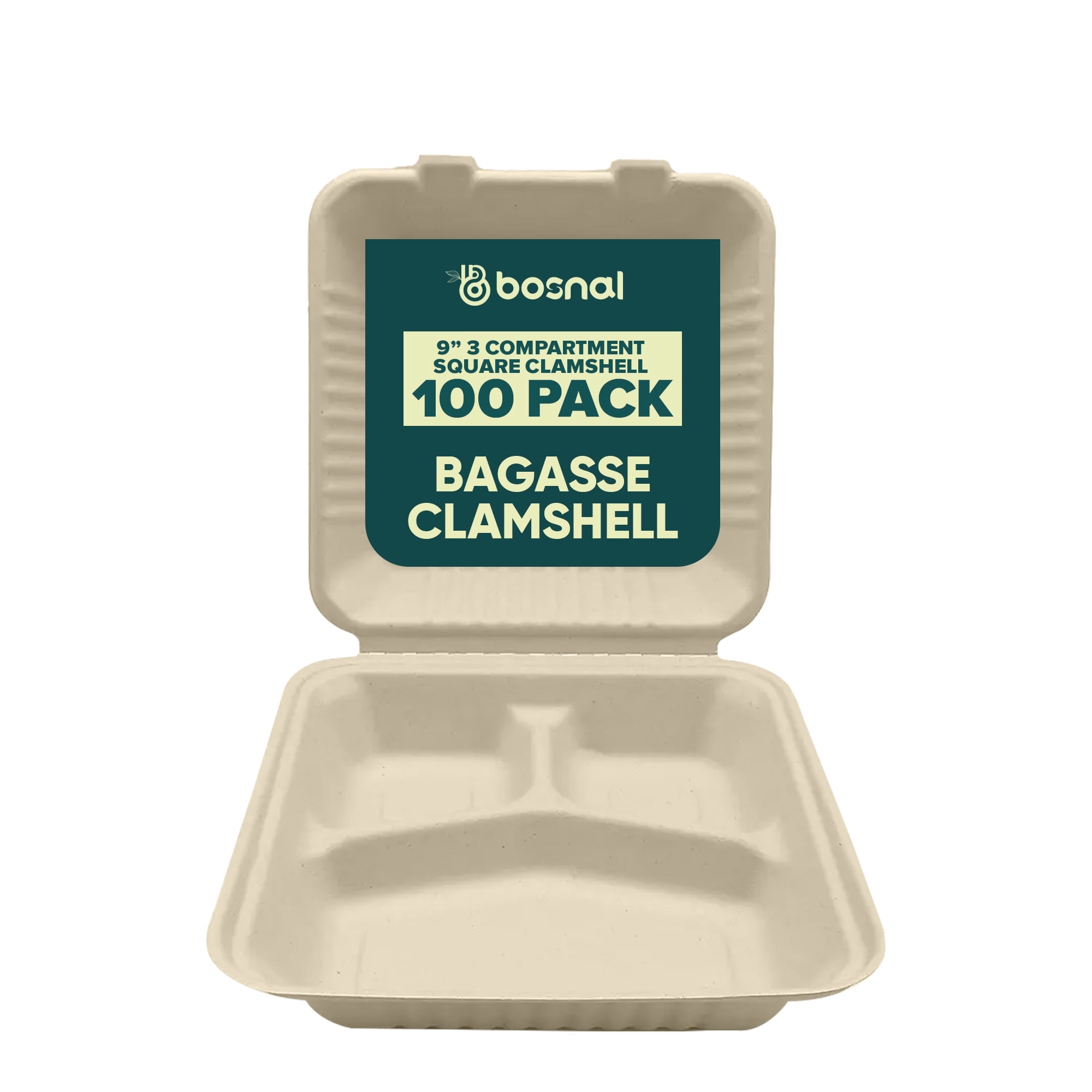 BOSNAL 9 inch 3-Compartment Bagasse Clamshell Containers (100 Pack ...