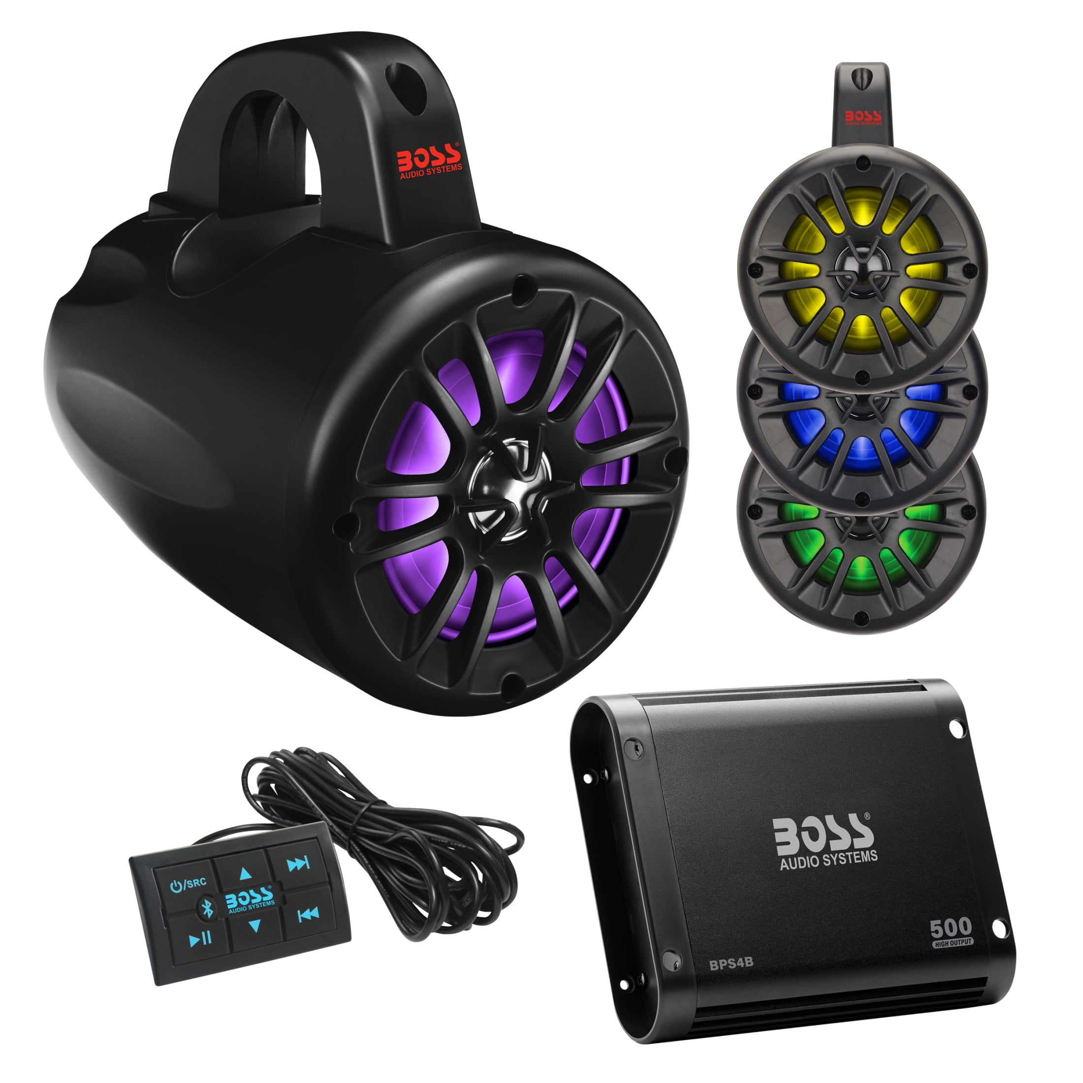 BOSS Audio Systems UNI4RGB ATV UTV Marine Boat 4 inch Stereo Wake Tower ...