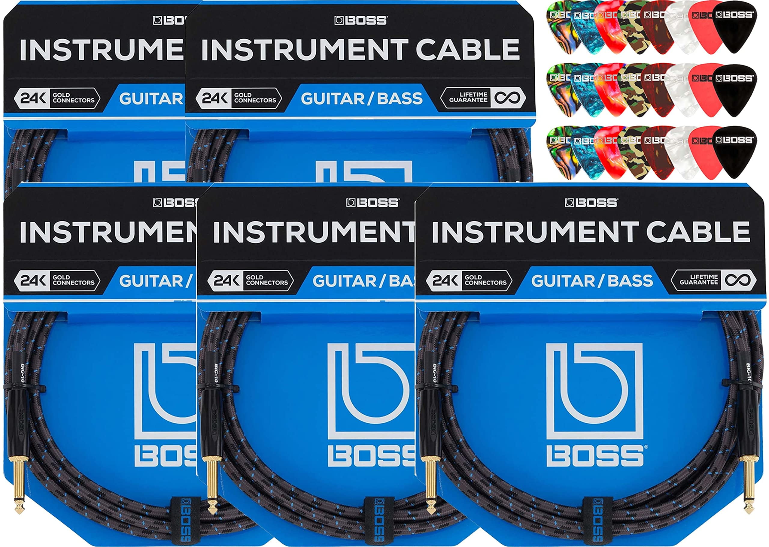 BOSS BIC-10 10-Foot Instrument Cable, Straight-Straight - 5 Pack Bundle ...