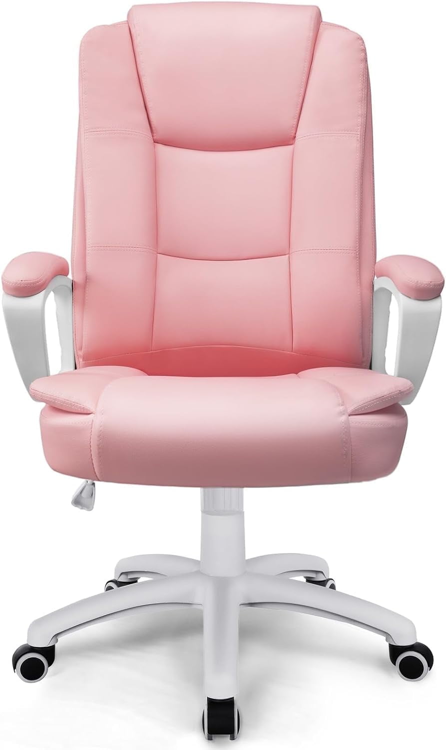 BOSSIN Big Comfy Office Chair Pink, Ergonomic High Back Leather Chair ...
